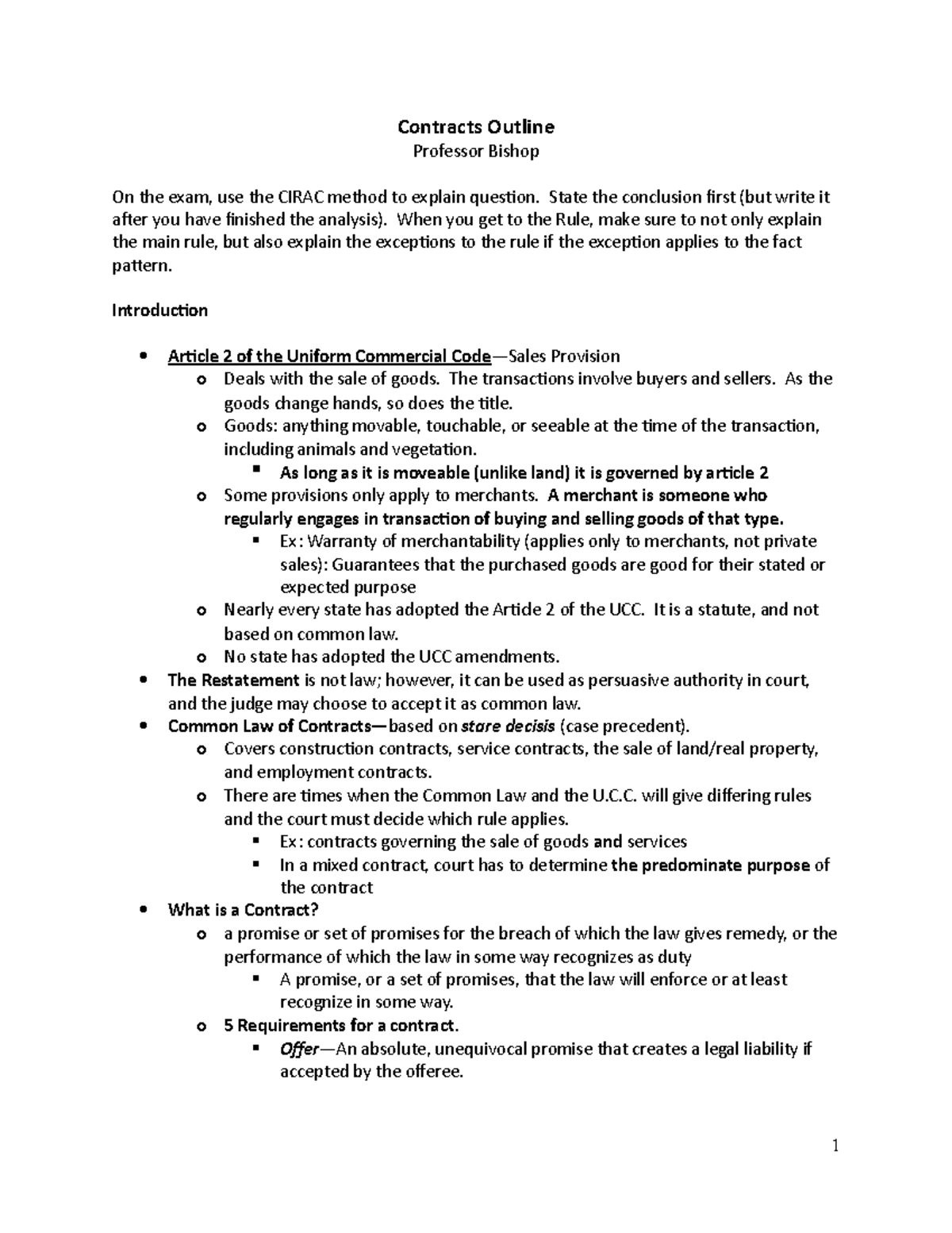 Contracts outline - Contracts Outline Professor Bishop On the exam, use ...
