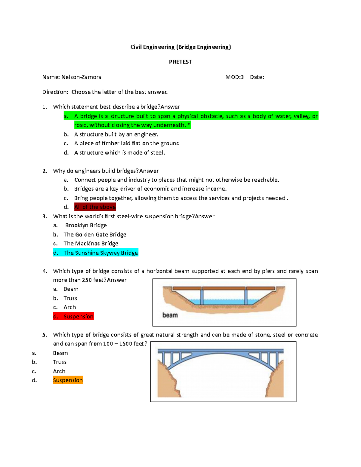 Nelson Zamoraramirez - Civil Engineering Pretest Posttest - Civil ...