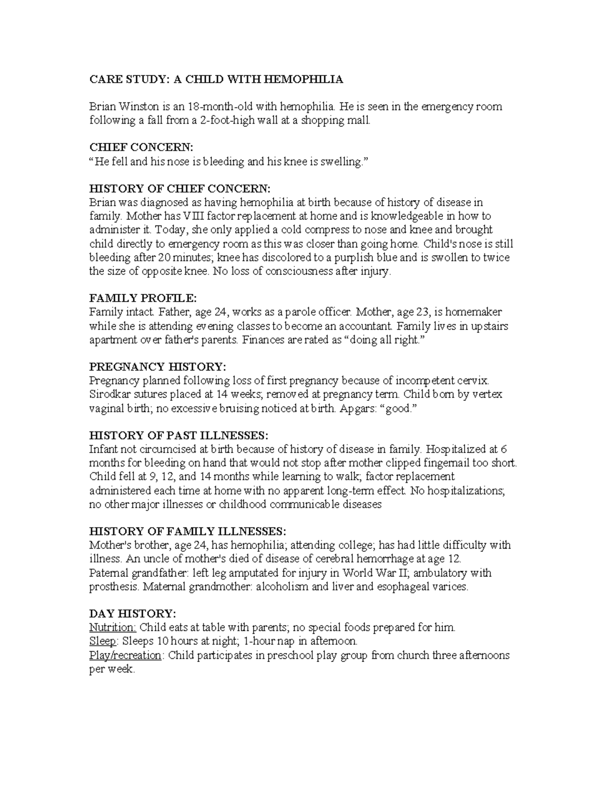 Hemopheila case study - student - CARE STUDY: A CHILD WITH HEMOPHILIA ...