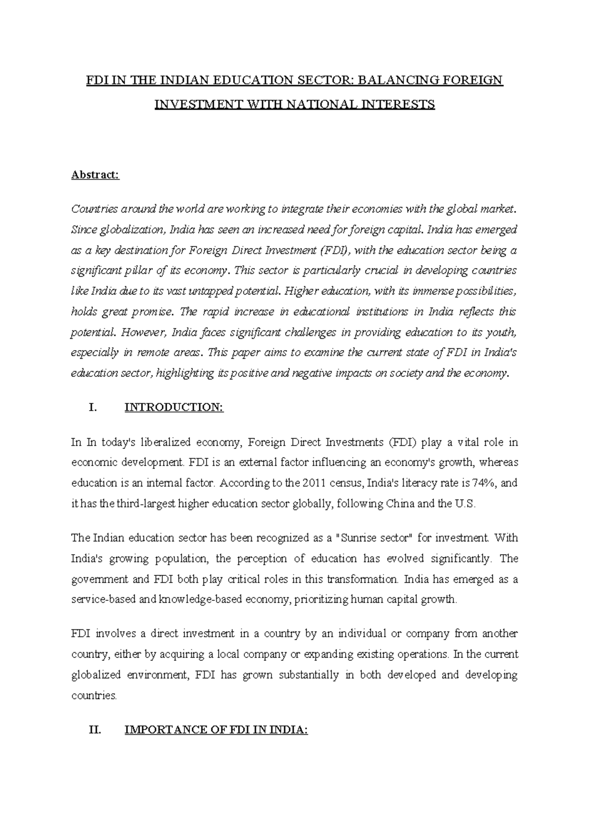 FDI IN THE Indian Education Sector-investment law - FDI IN THE INDIAN ...
