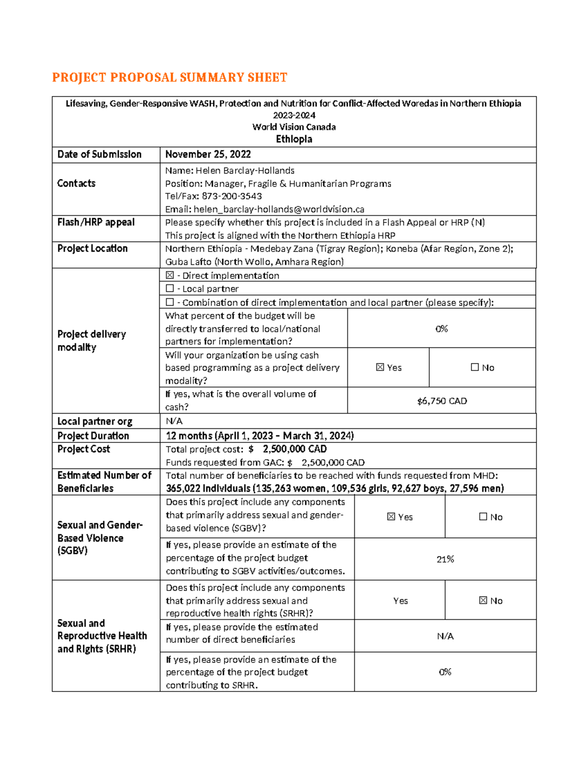 Ethiopia IHA 2023 Full Proposal Final - World Vision (project Proposal ...