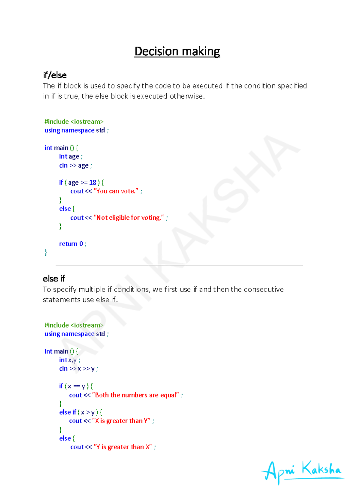 2.3 if-else - this is important - Decision making if/else The if block ...