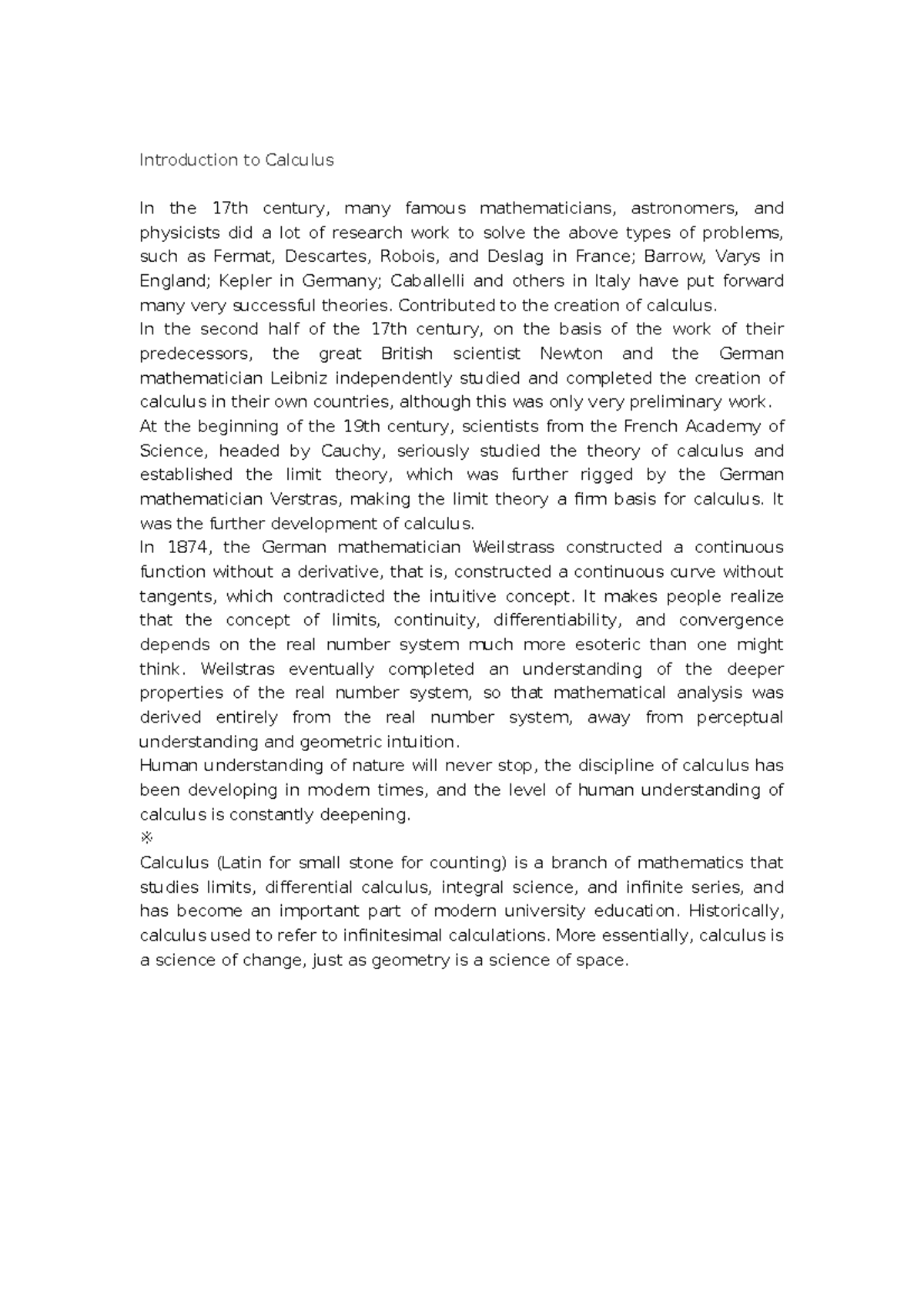 MATH 151 Introduction to Calculus - Introduction to Calculus In the ...