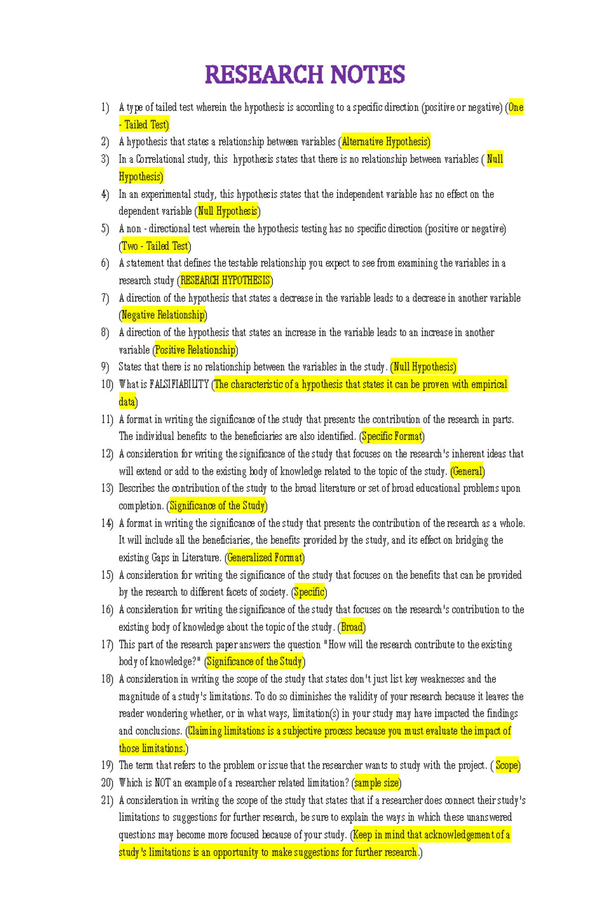 Research Notes for 1st Semester Research 1 - RESEARCH NOTES A type of ...