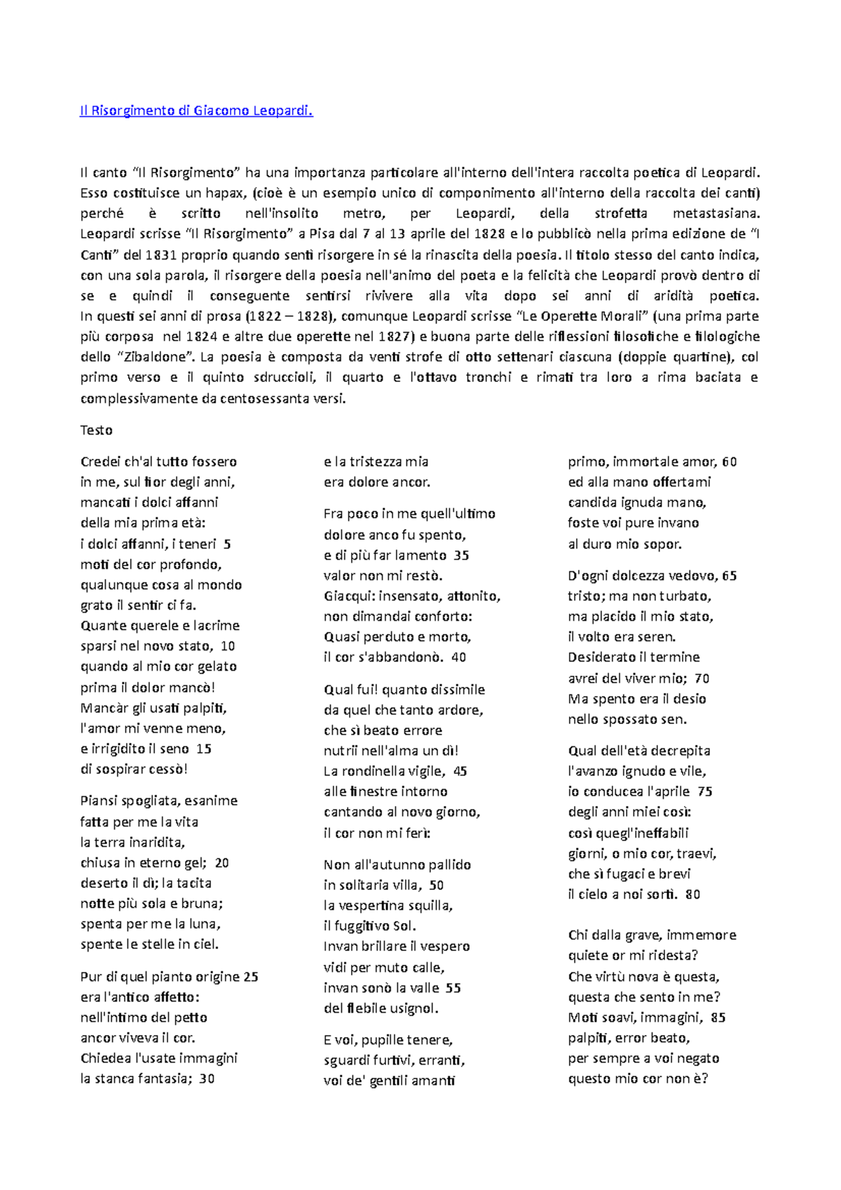 Il Risorgimento di Giacomo Leopardi - Il canto “Il Risorgimento” ha una importanza paricolare ...