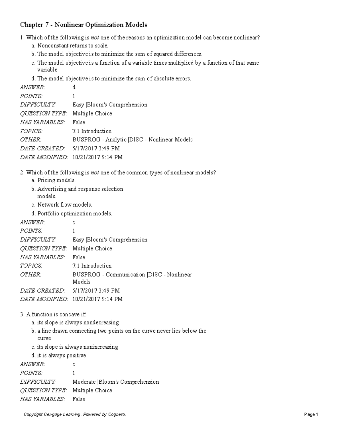 Chapter 7 Nonlinear Optimization Models - Which of the following is not ...