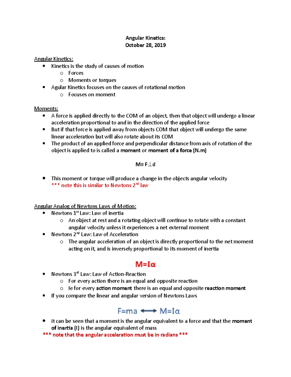 Angular Kinetics - notes for biomechanics with examples of formulas and ...