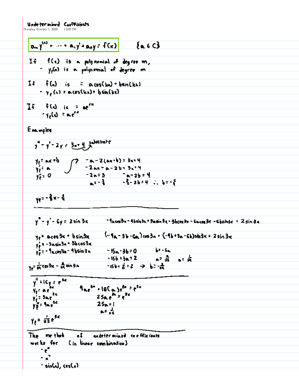 12 Method of Undetermined Coefficients - Math 353 - Thursday, October 1 ...
