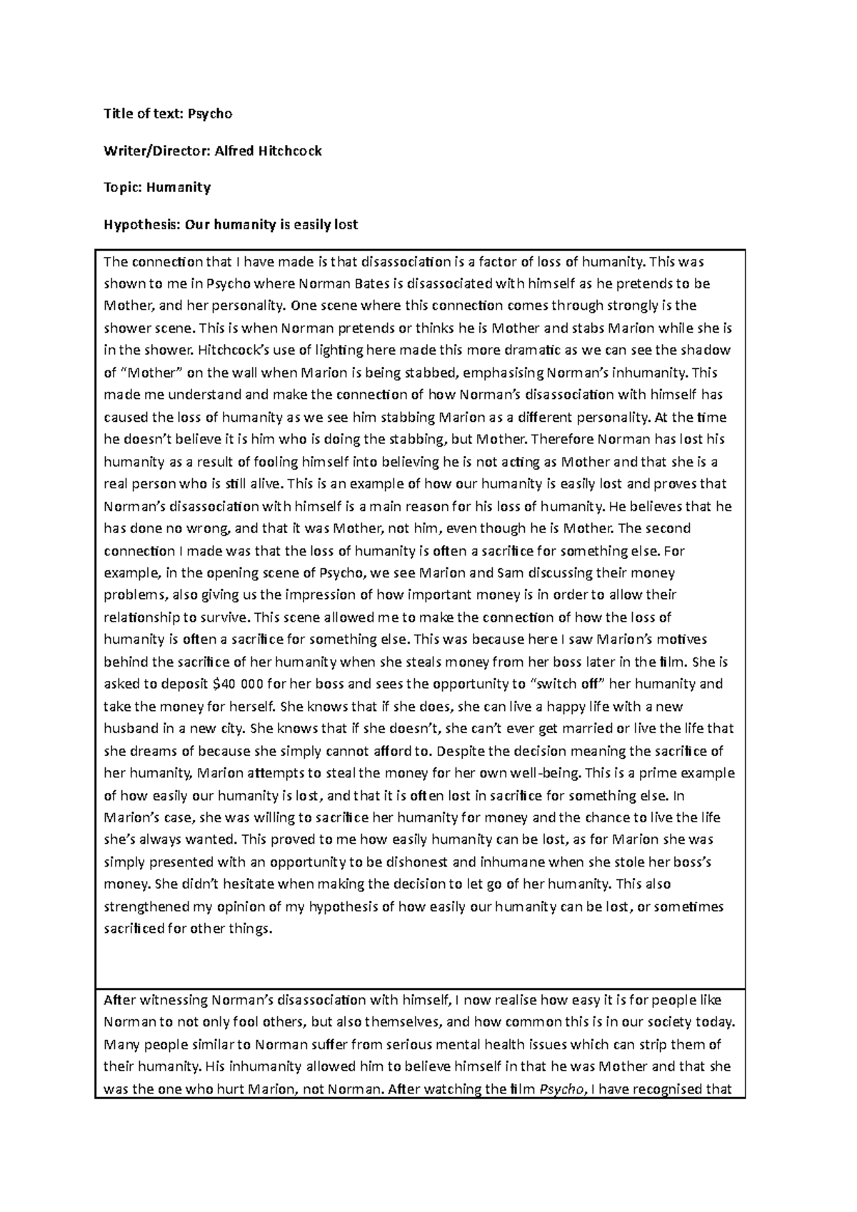 Psycho - Level 3 Connections log 2018 - Title of text: Psycho Writer ...