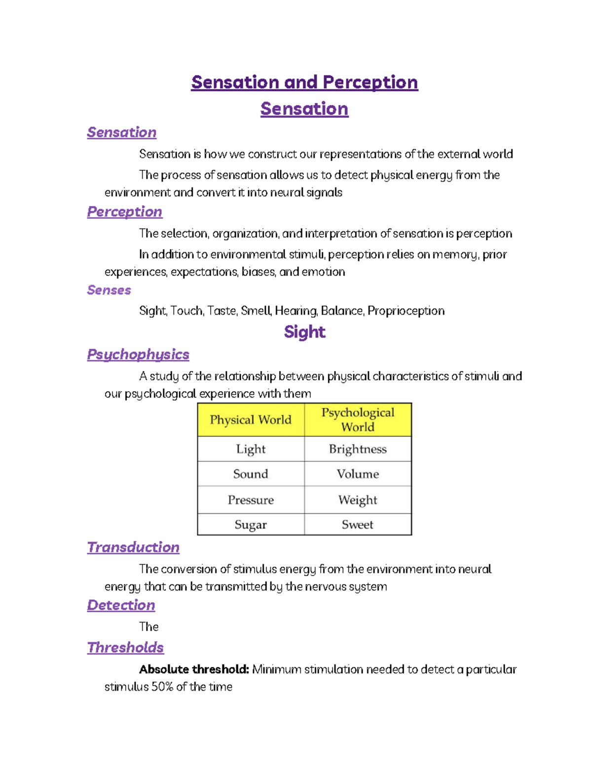Sensation and Perception Notes - Sensation and Perception Sensation ...