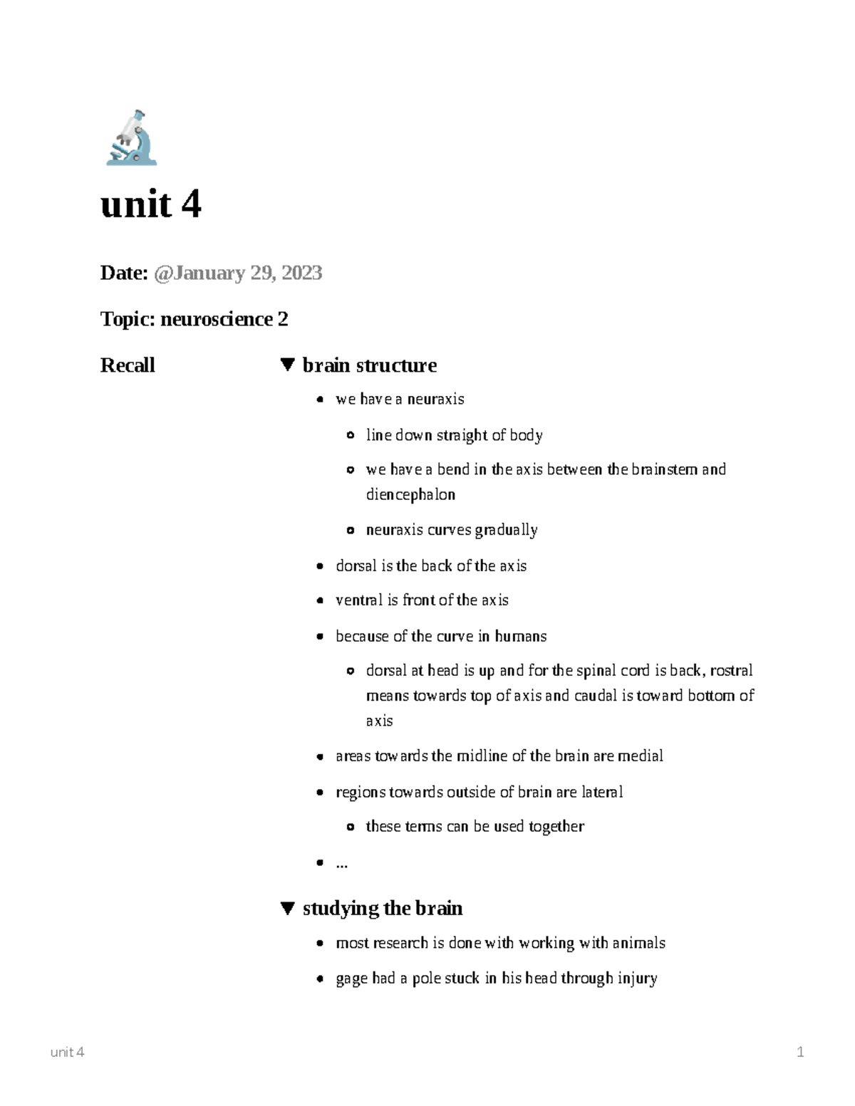 Unit 4 xx - unit 4 - unit 4 Date: Topic: neuroscience 2 Recall brain ...