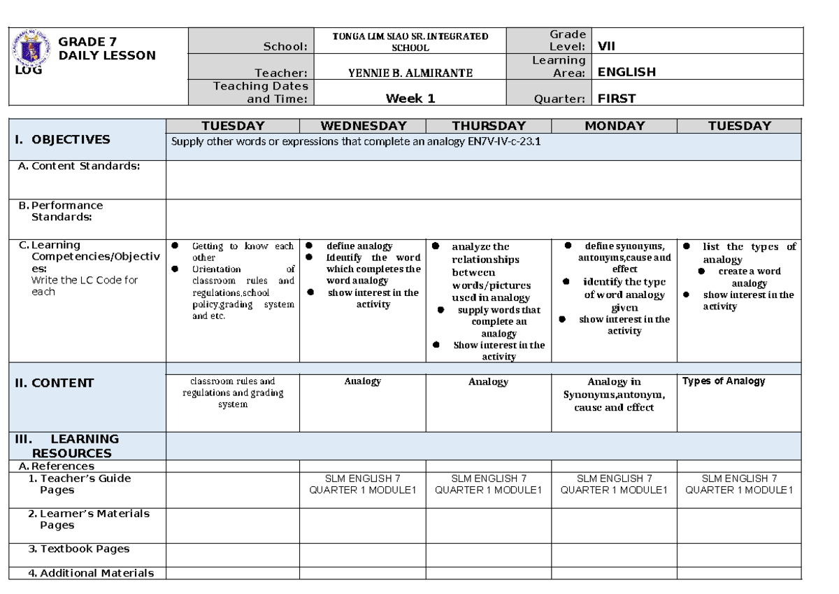 Week 1 - ENGLISH 7 - GRADE 7 DAILY LESSON LOG School: TONGA LIM SIAO SR ...