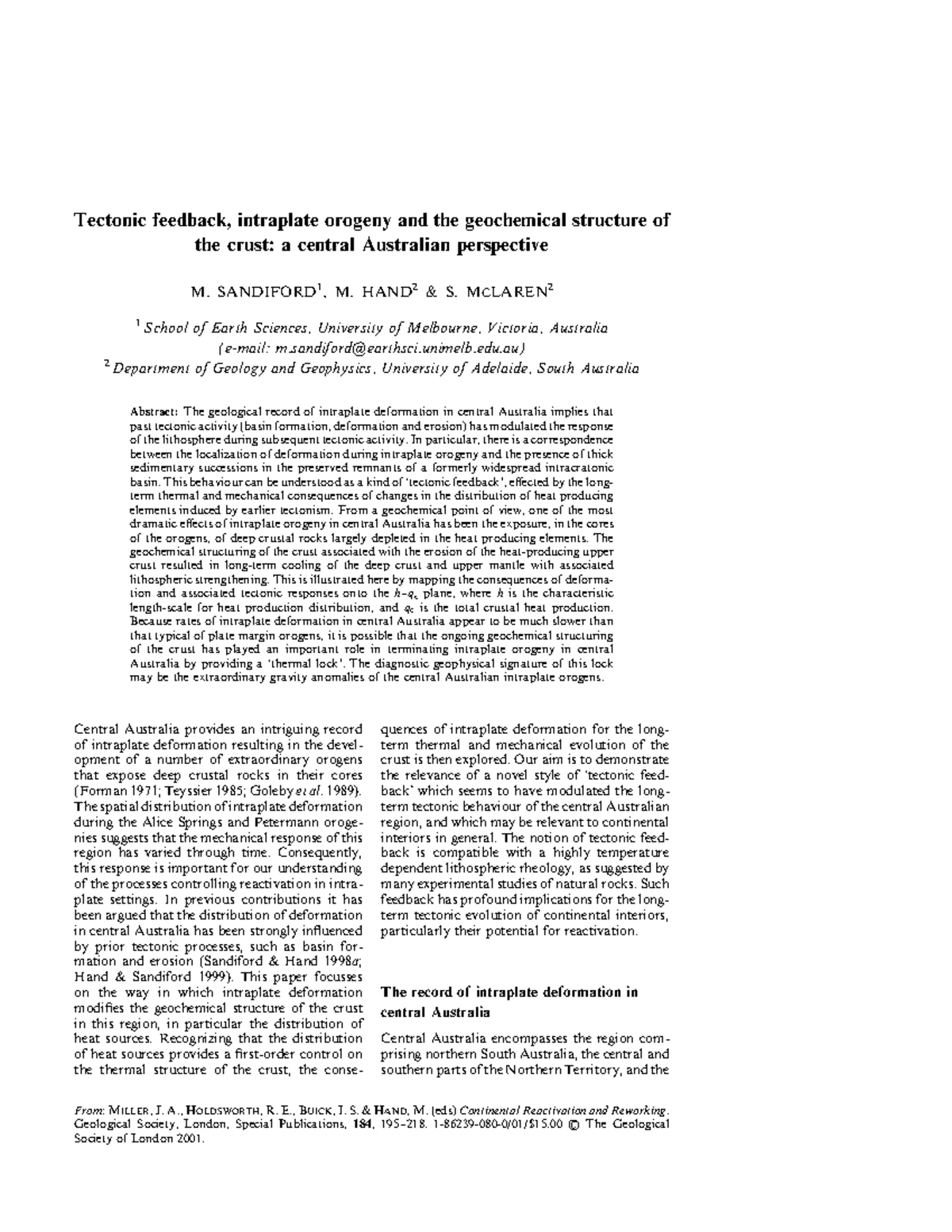 Tectonic feedback intraplate orogeny and the geoch - SANDIFORD 1 , M ...