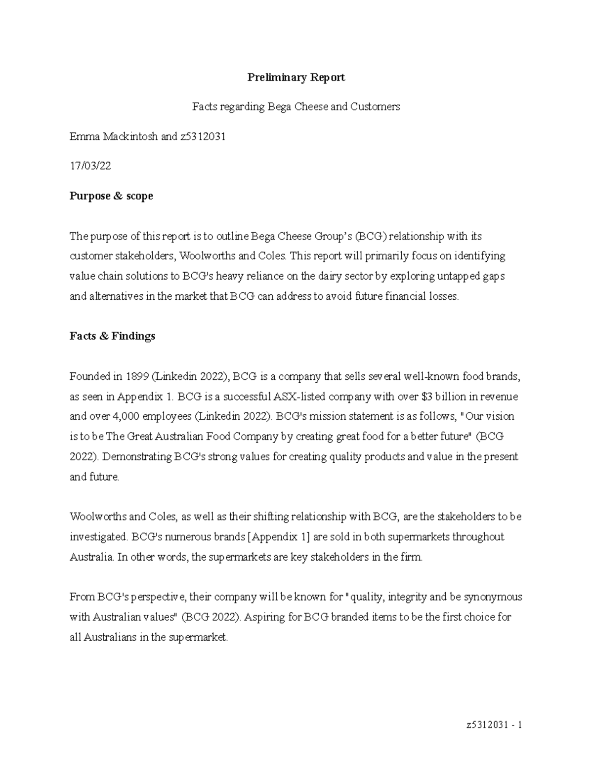 Preliminary Report - Preliminary Report Facts regarding Bega Cheese and ...