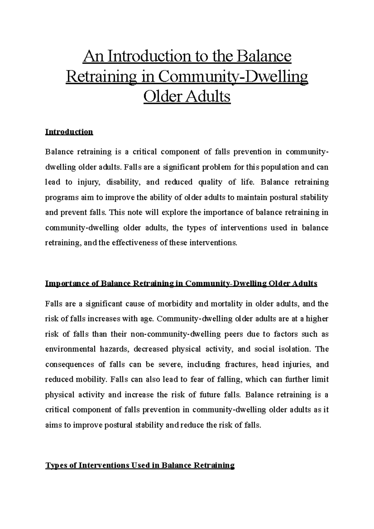 An Introduction to the Balance Retraining in Community-Dwelling Older ...