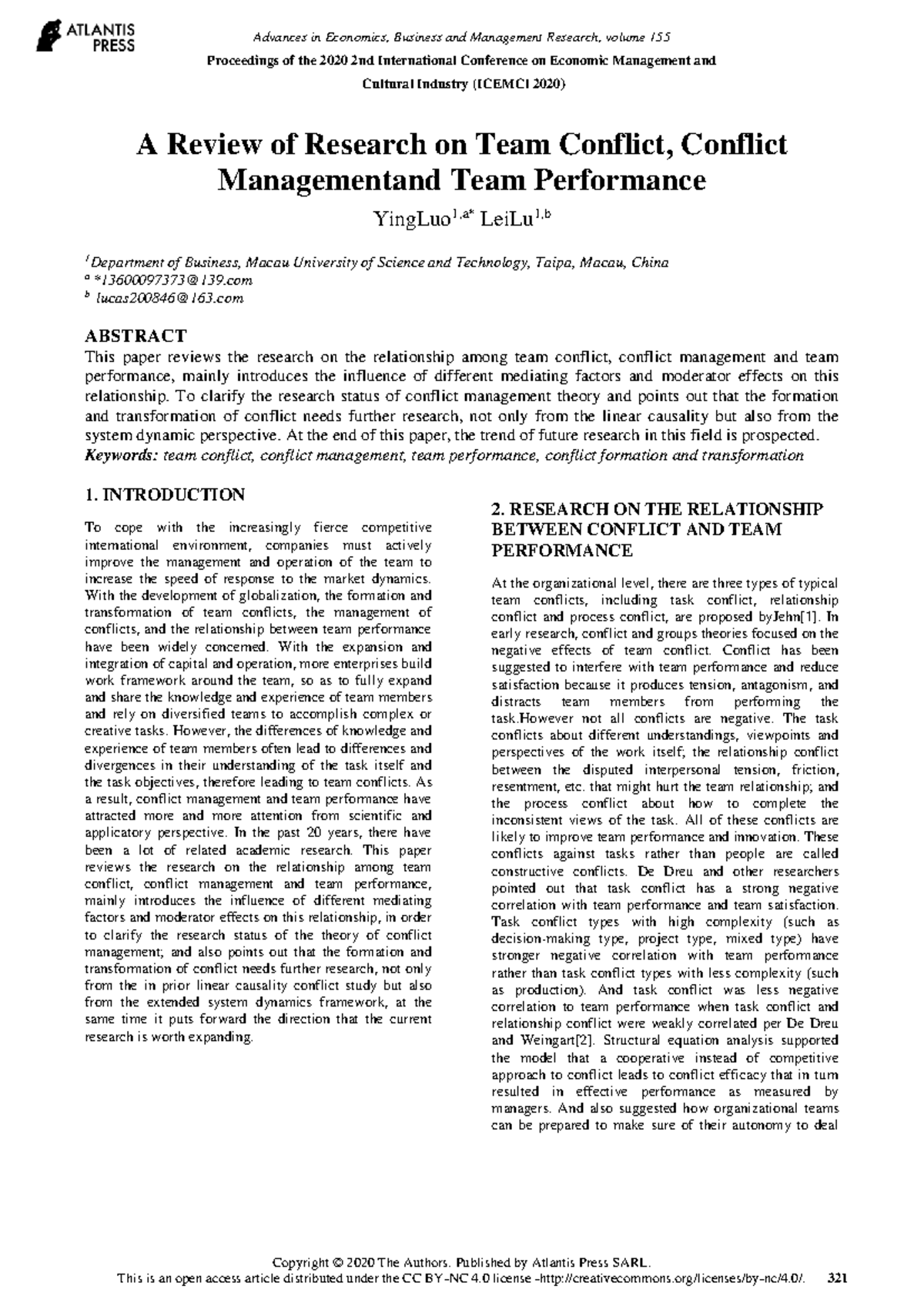 A Review of Research on Team Conflict Conflict Man - A Review of ...