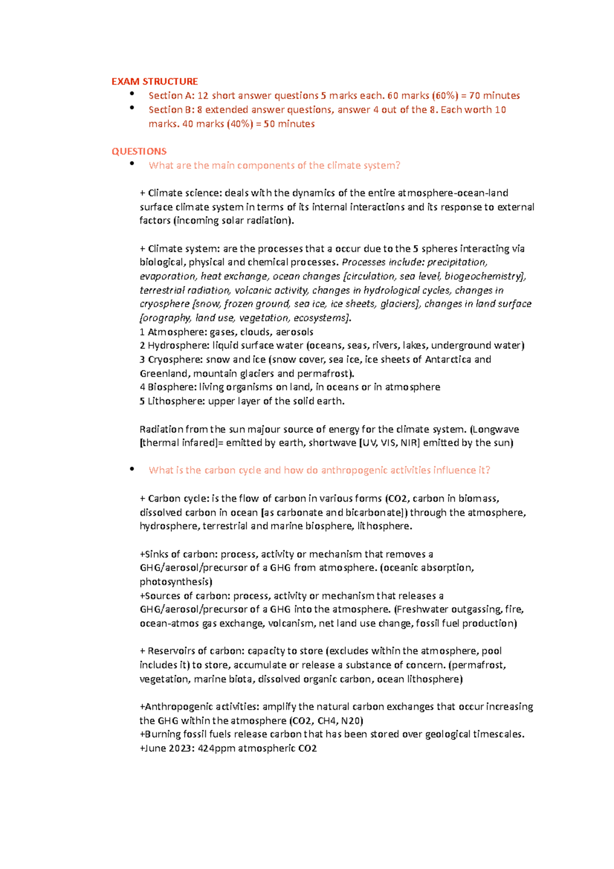 Exam notes - EXAM STRUCTURE Section A: 12 short answer questions 5 ...