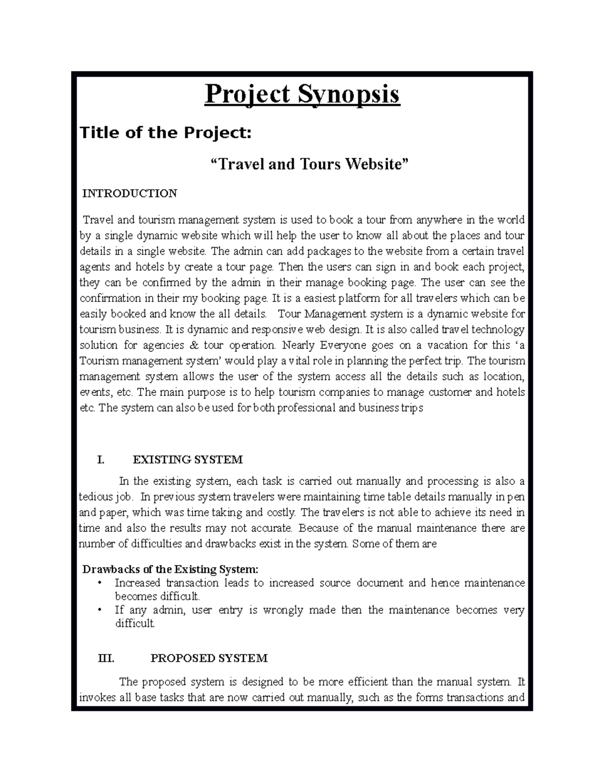 My Synposis - This is synopsis for tours and travels web development ...