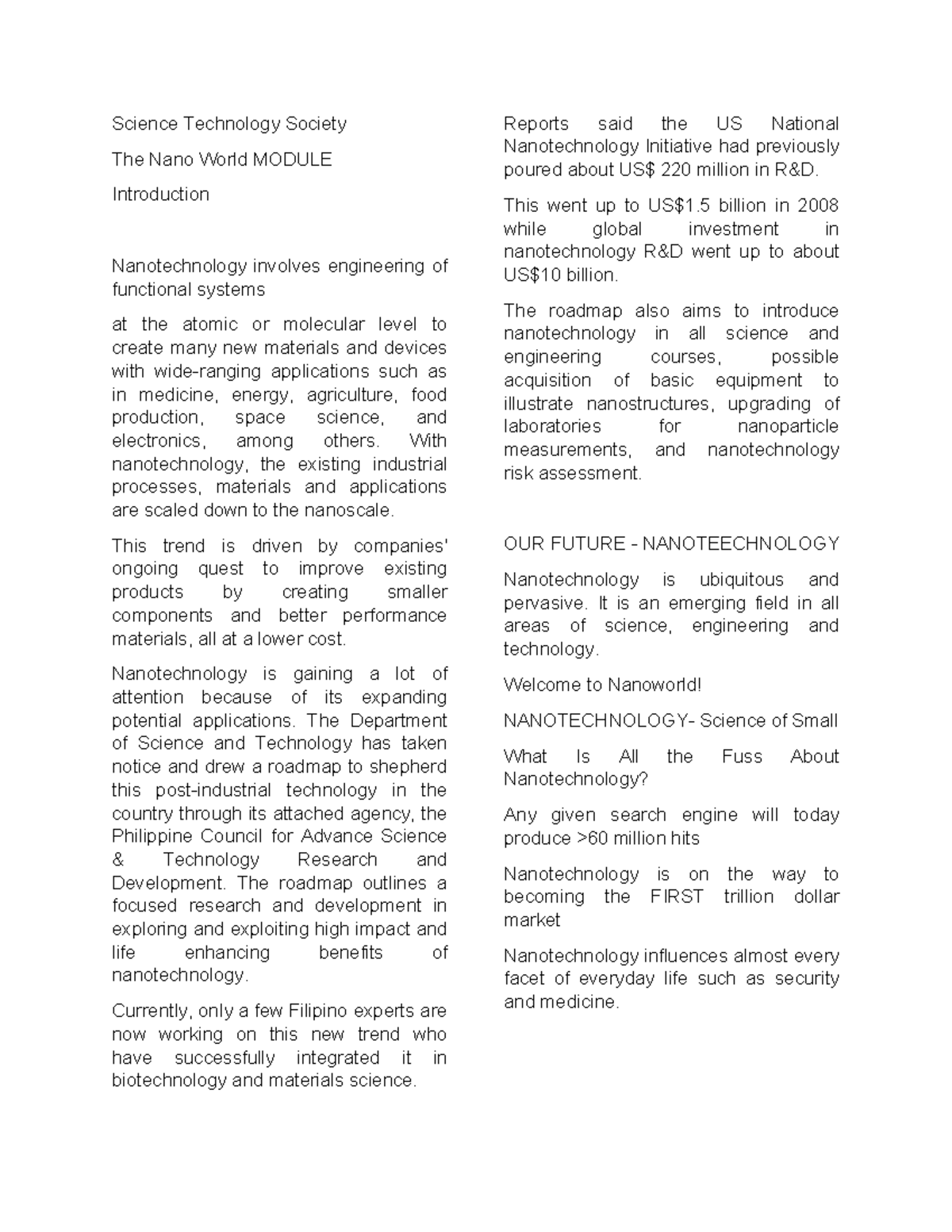 STS Module 10 - sts - Science Technology Society The Nano World MODULE ...