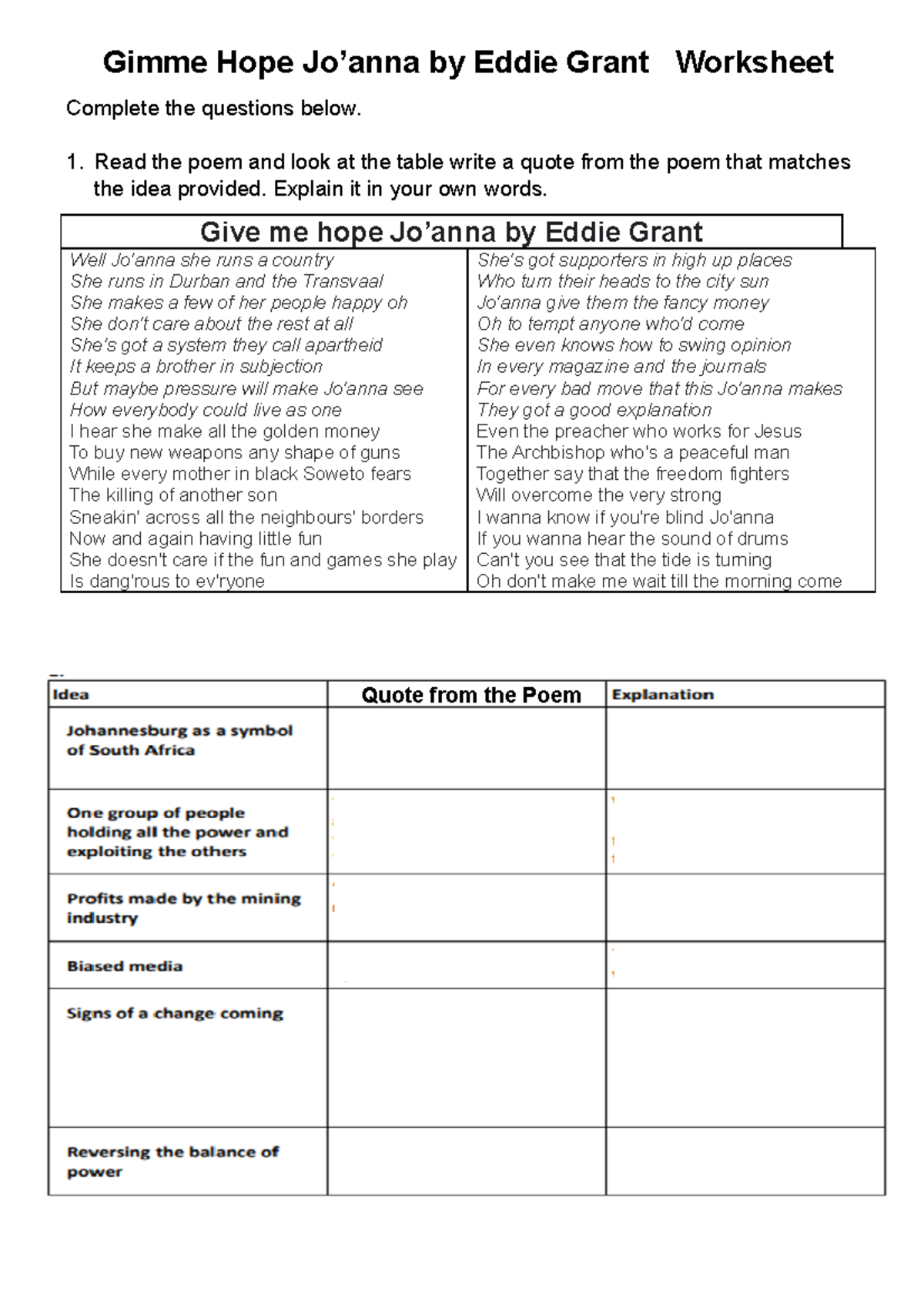 Gimme Hope Johanna Worksheet 1 - Gimme Hope Jo’anna by Eddie Grant ...