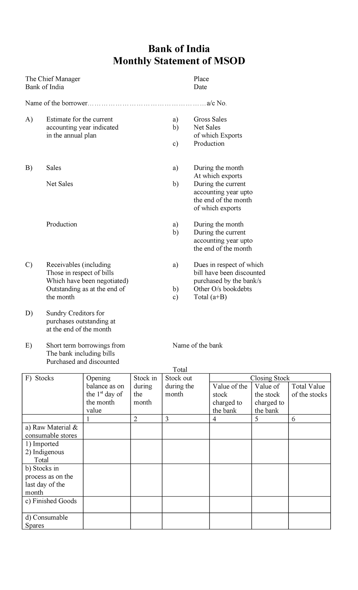 Stock- BOOK DEBT Statement Forms - Monthly Statement of MSOD The Chief ...