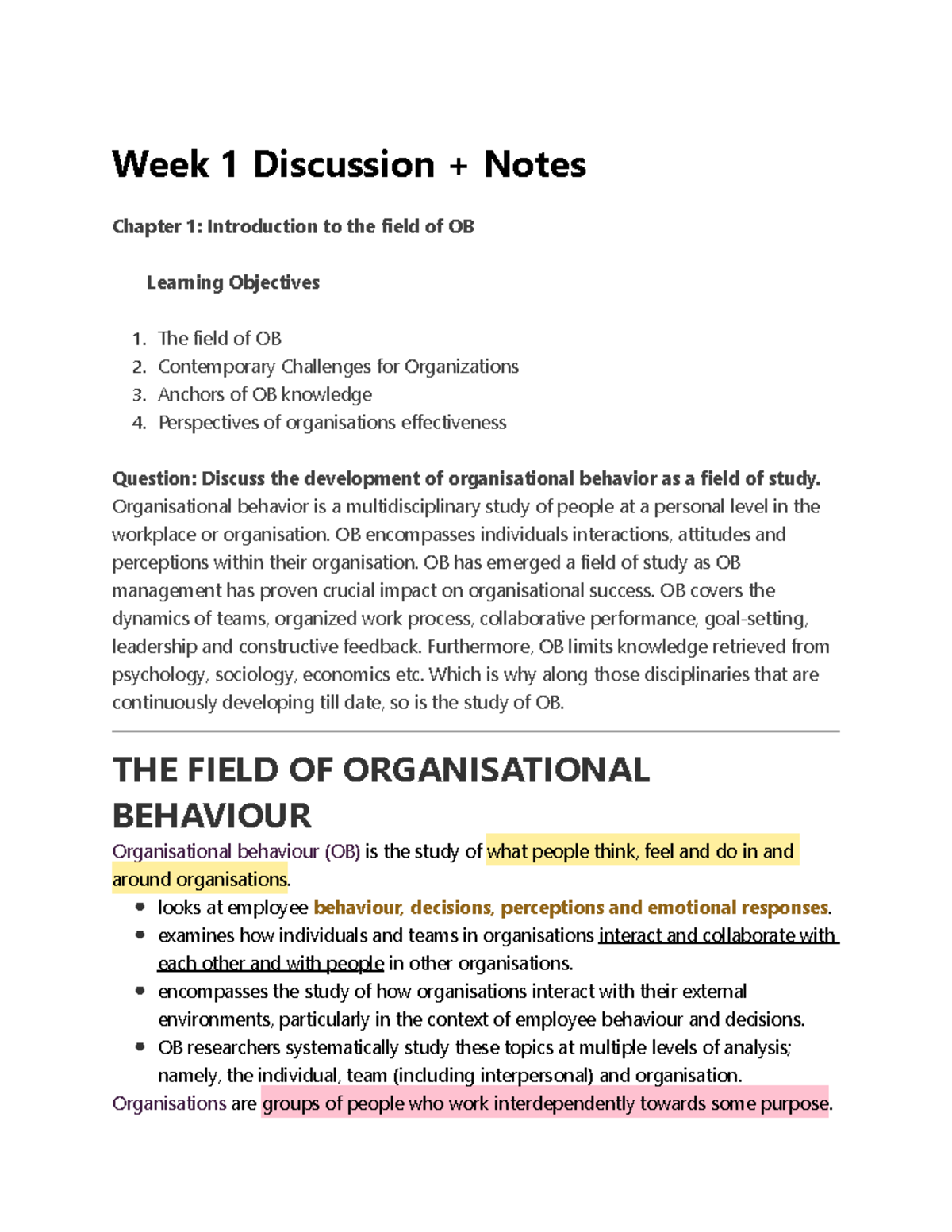 Week 1 Discussion + Notes (includes tutorial Q&A) - Organsational ...