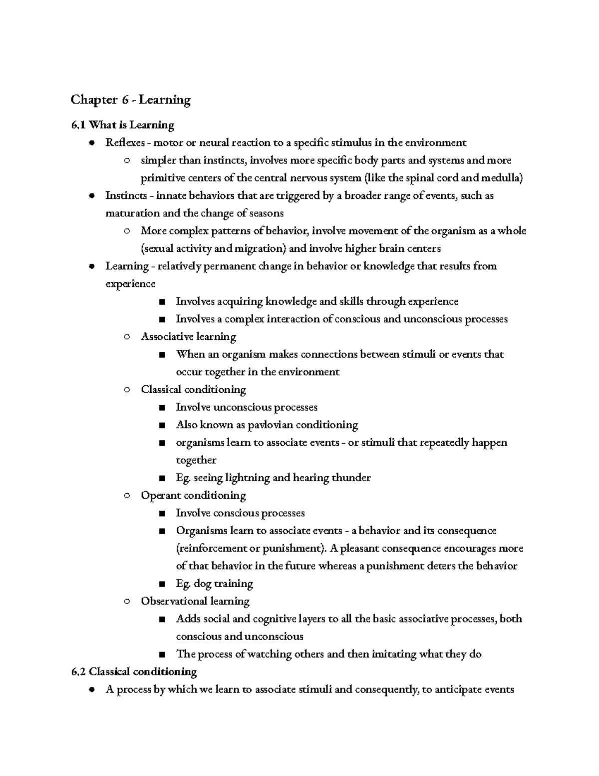 Psych chapter 6-10 - notes - Chapter 6 - Learning 6 What is Learning ...