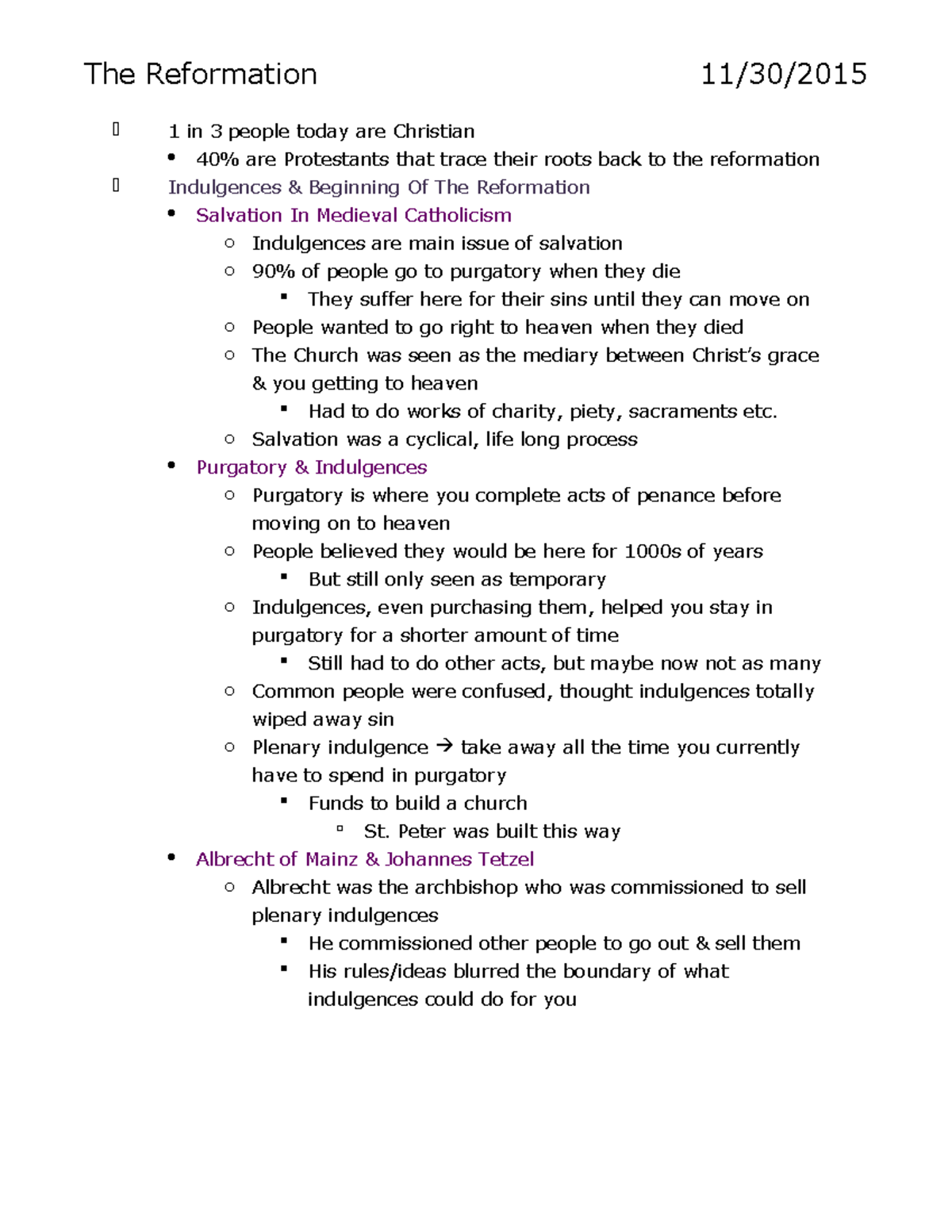 The Reformtaion - Outline combining book & class notes - The ...