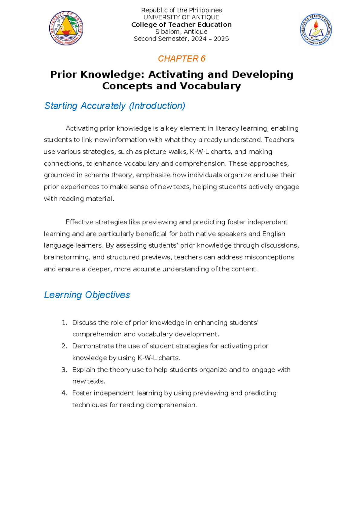 Chapter 6 Prior Knowledgedge - UNIVERSITY OF ANTIQUE College of Teacher ...