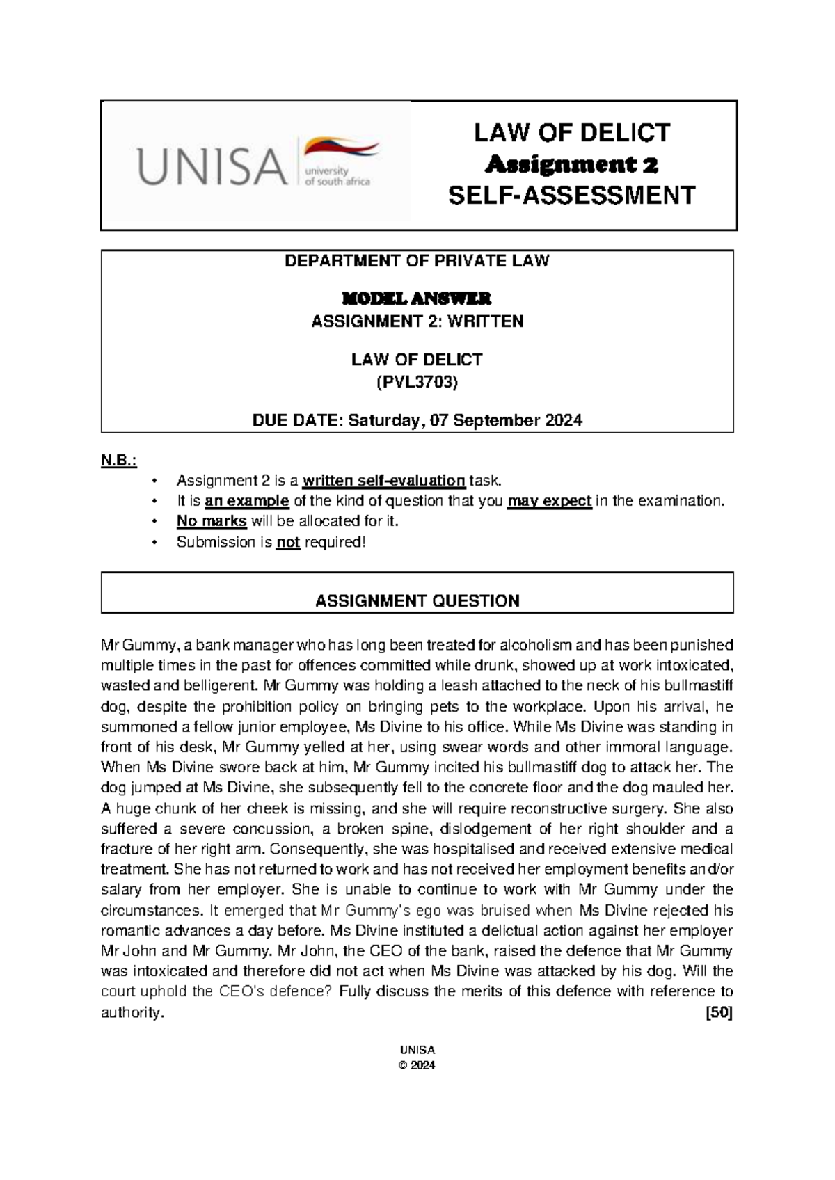 PVL3703 Self Assessment answer - DEPARTMENT OF PRIVATE LAW MODEL ANSWER ...