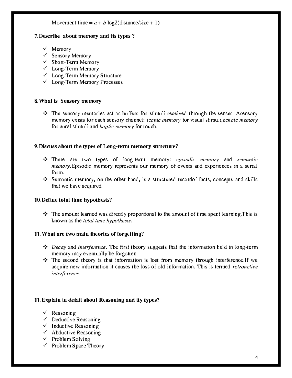 Full notes FOR HCI - Movement time = a + b log2(distance/size + 1) 7 ...