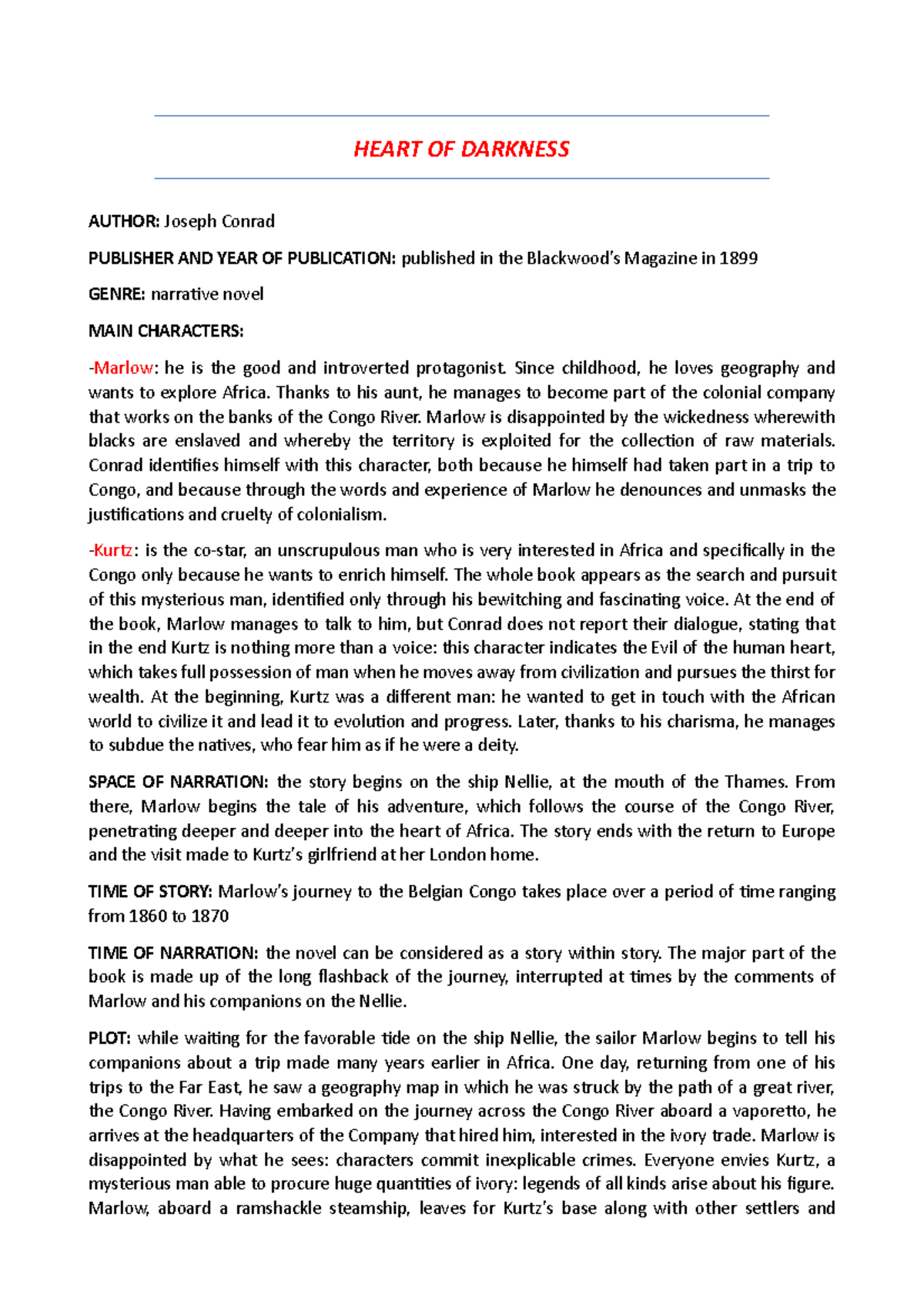 Heart of Darkness - Book reading card(in english) - HEART OF DARKNESS ...