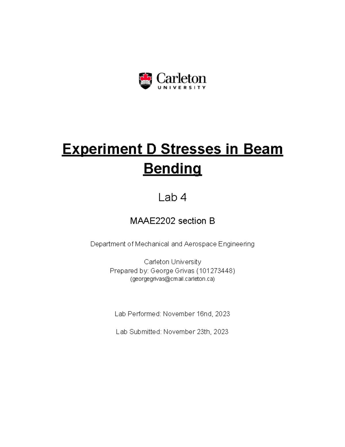 Experiment D lab - LAB 4 - Experiment D Stresses in Beam Bending Lab 4 ...
