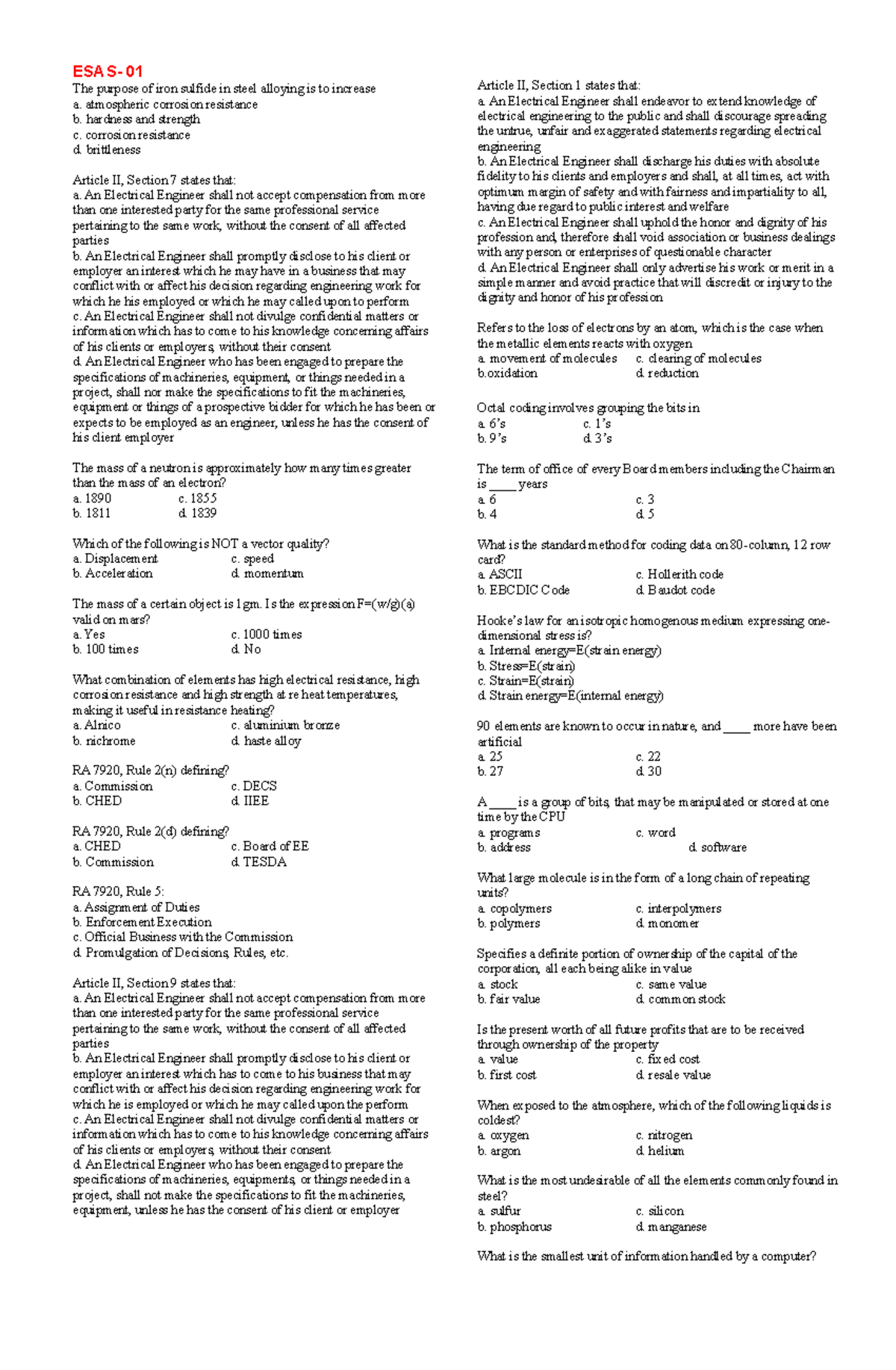 ESAS-Blue Book-Questioners - ESAS- 01 The purpose of iron sulfide in ...