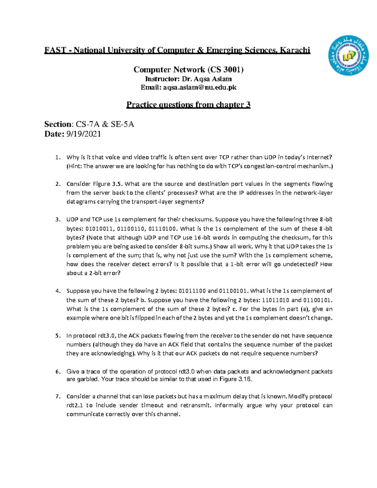 Practice Questions Chapter 3 - FAST - National University of Computer ...