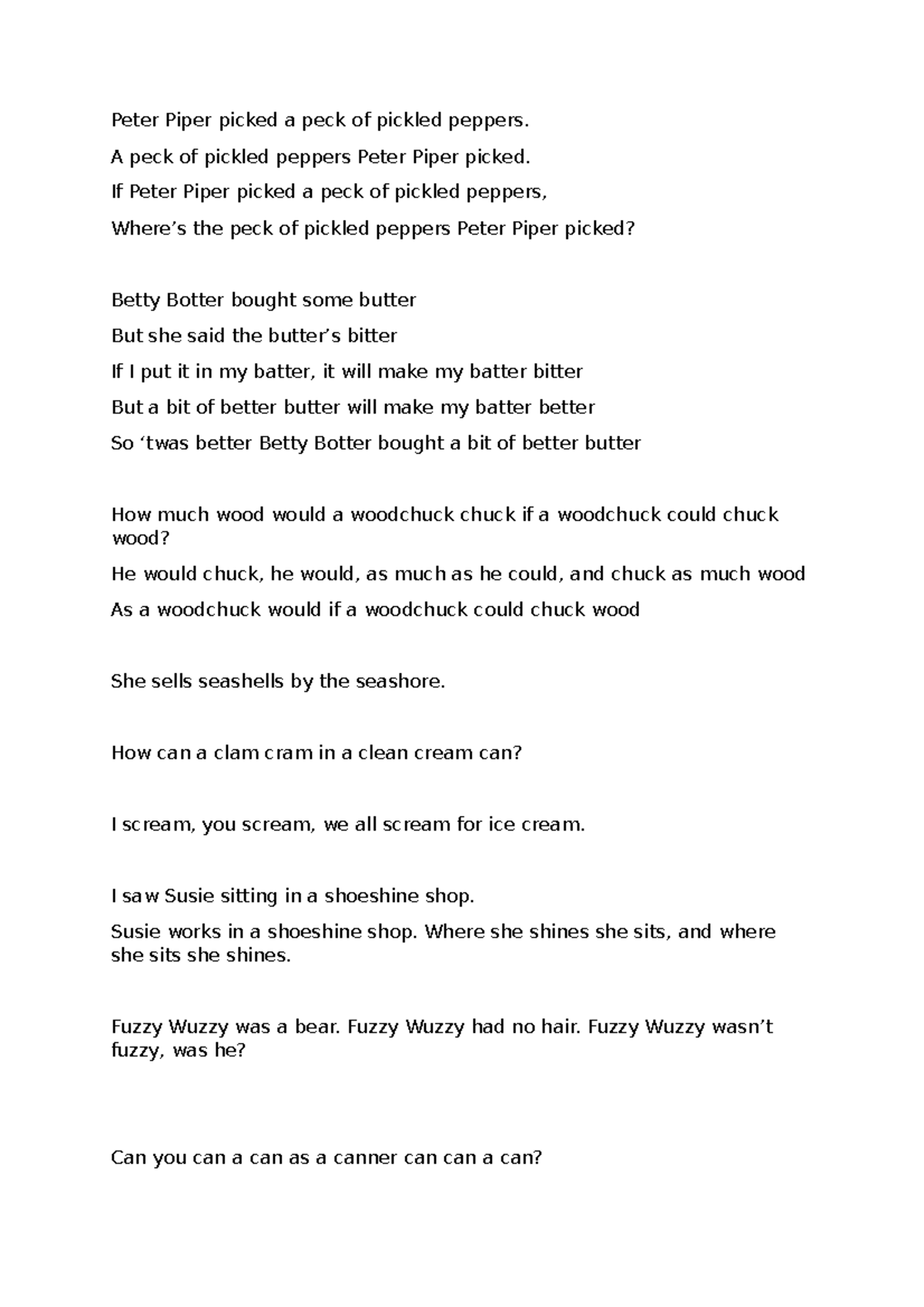 Tounge Twister - DRILLING - Peter Piper picked a peck of pickled ...