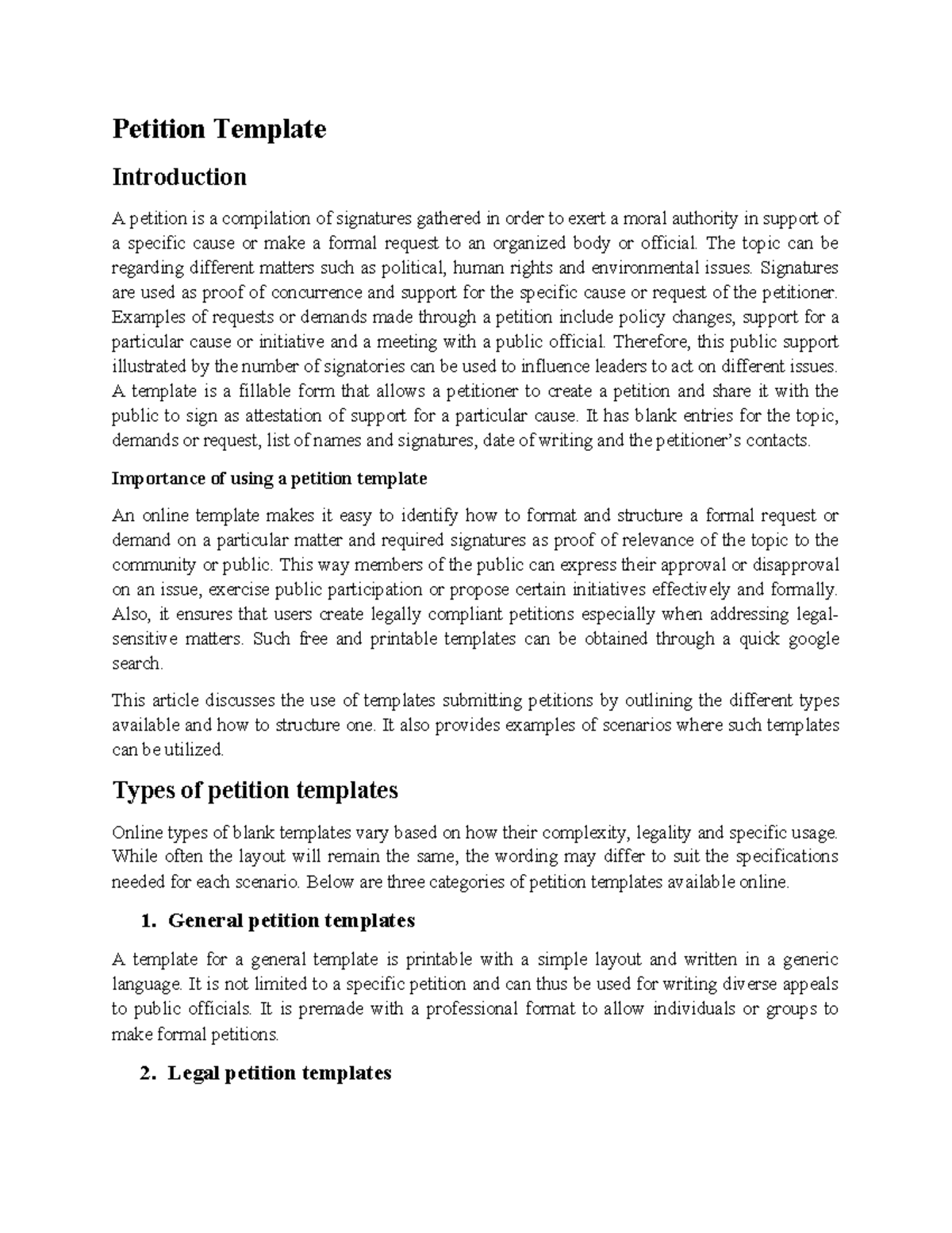 Petition Template - Petition Template Introduction A petition is a ...