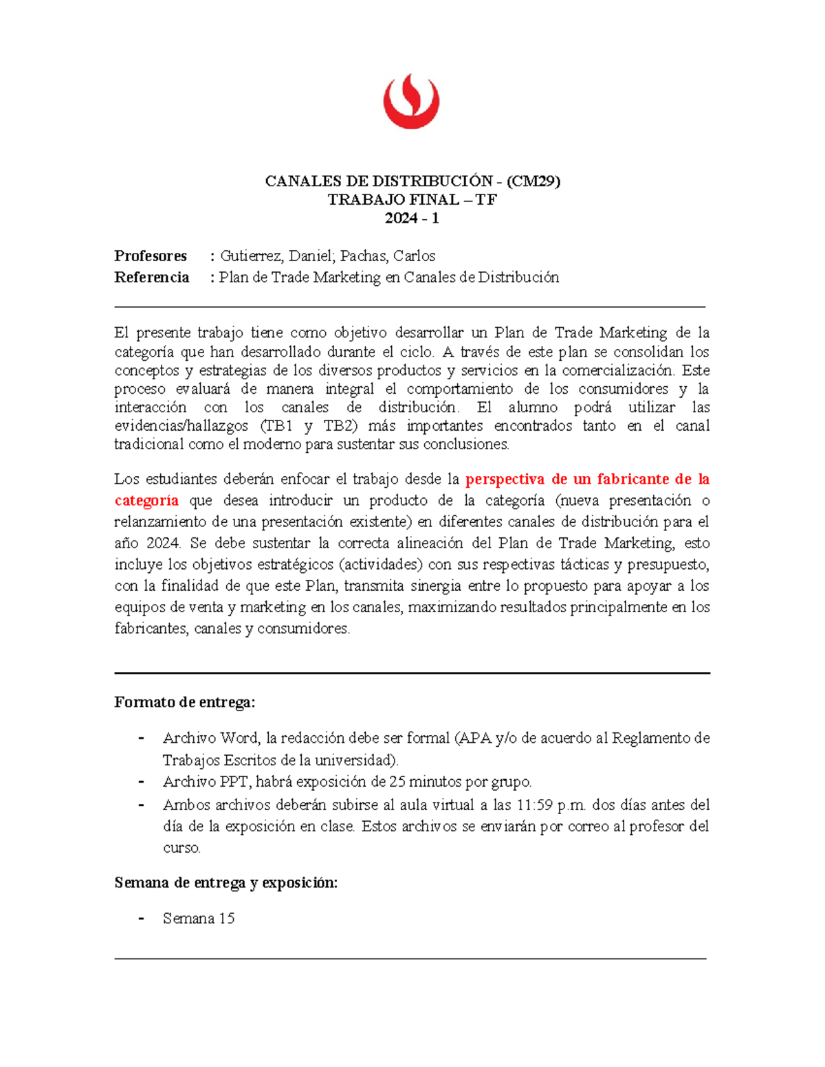 CM29 Trabajo Final y Rúbrica - 2024 1 - CANALES DE DISTRIBUCIÓN - (CM29 ...