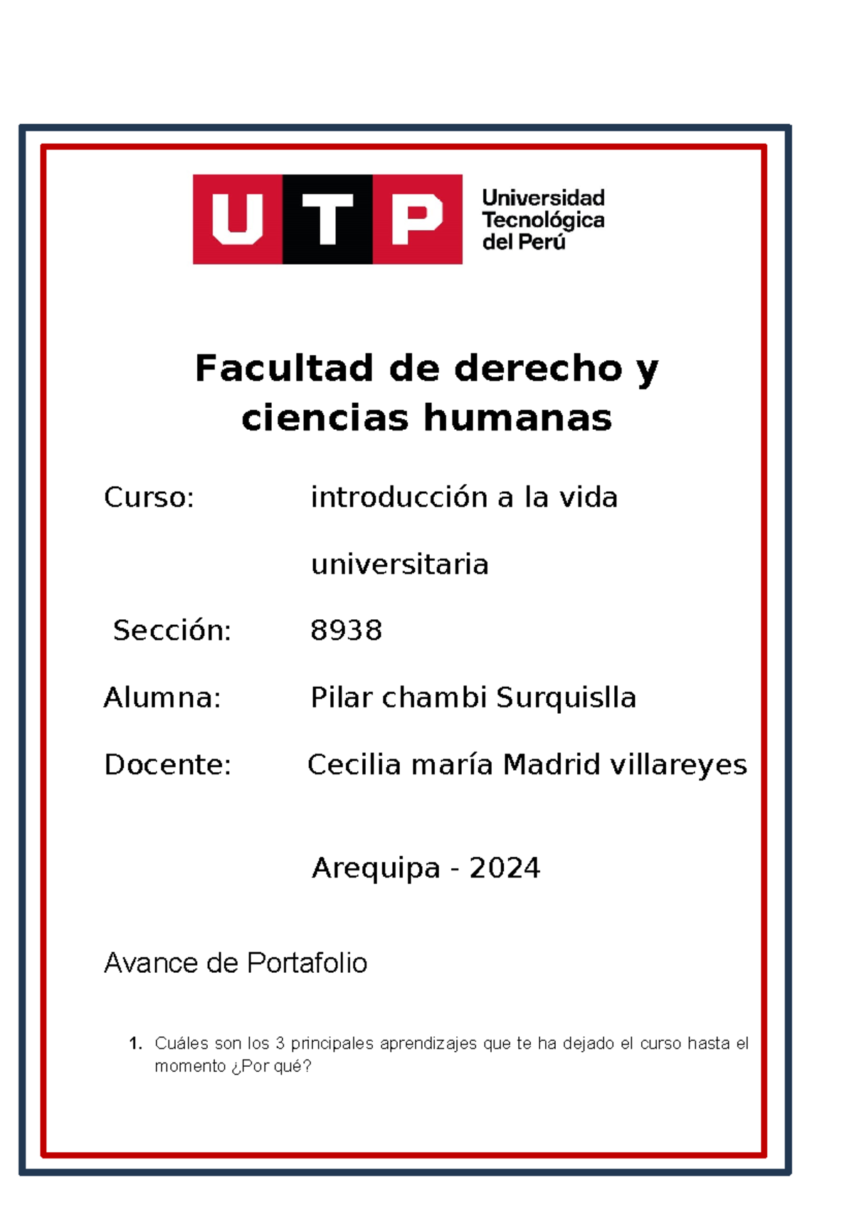 Avance IVU Pilar Chambi Surquislla - Facultad de derecho y ciencias humanas Curso: introducción ...