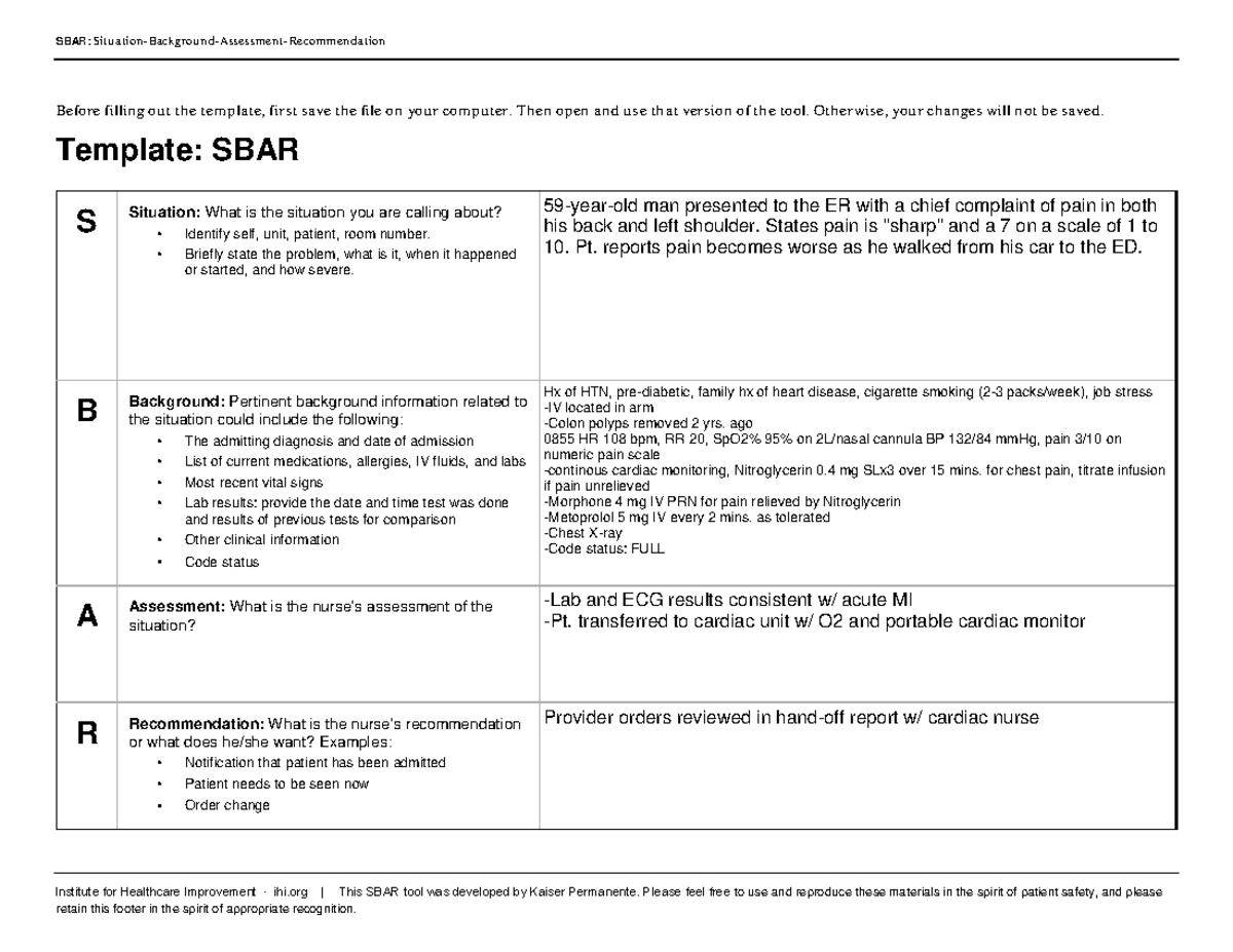SBAR from ATI Arizona College of Nursing - SBAR: Situation-Background ...