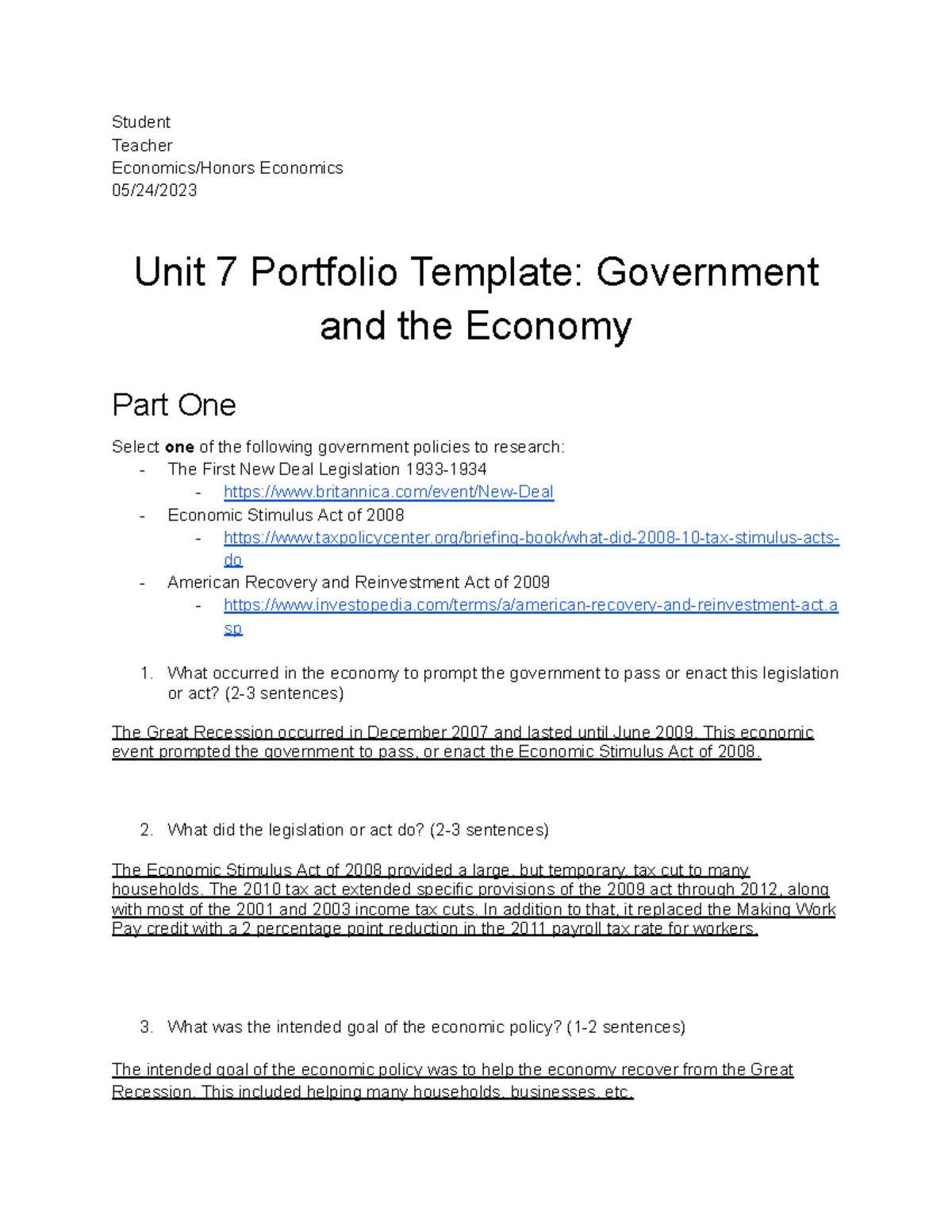 Unit 7 Portfolio Template Government and the Economy - Student Teacher ...
