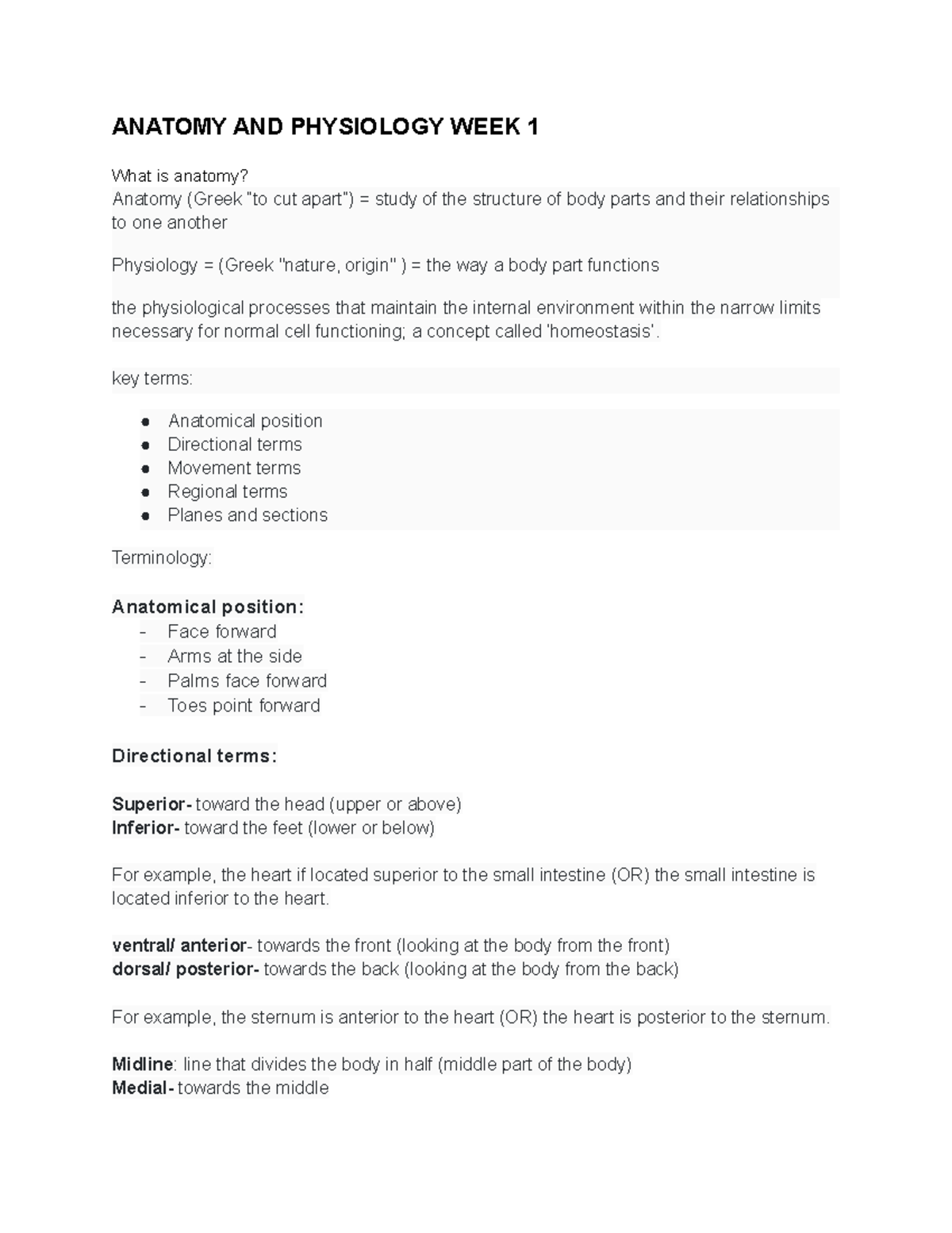 A&P Organisation OF THE BODY (WEEK 1) - ANT2331 - Monash - Studocu