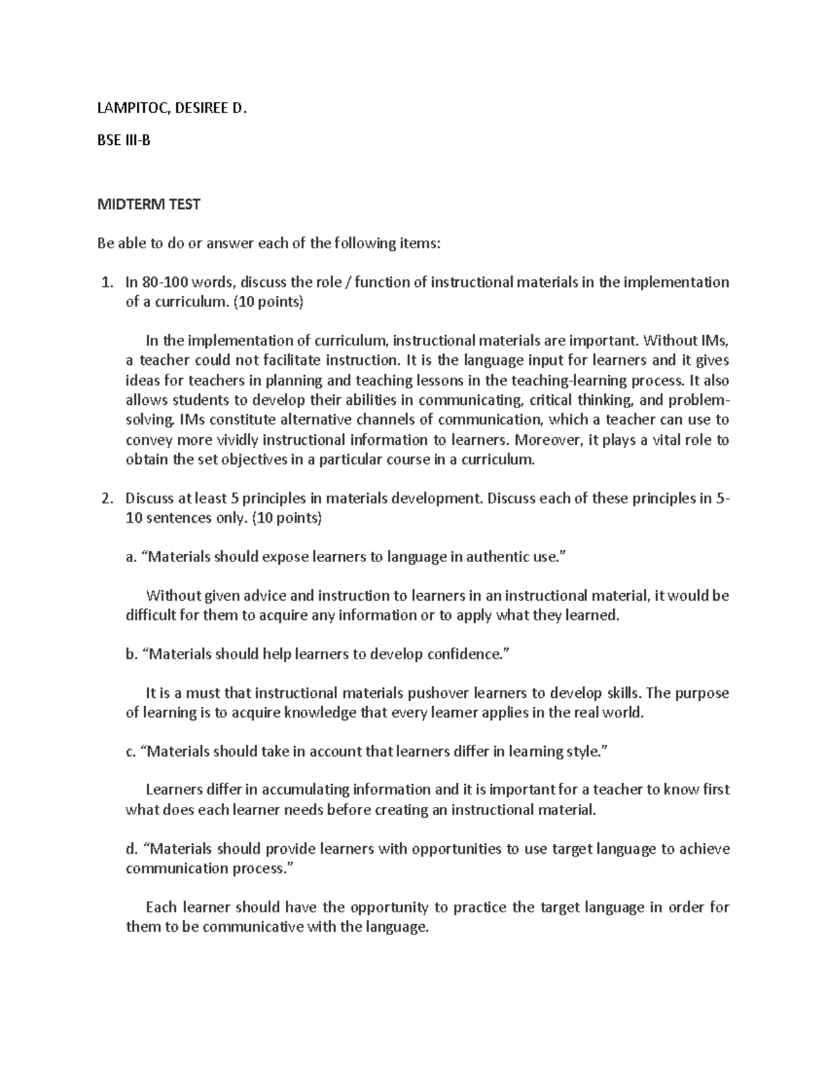 Midterm TEST EED 104 - LAMPITOC, DESIREE D. BSE III-B MIDTERM TEST Be ...