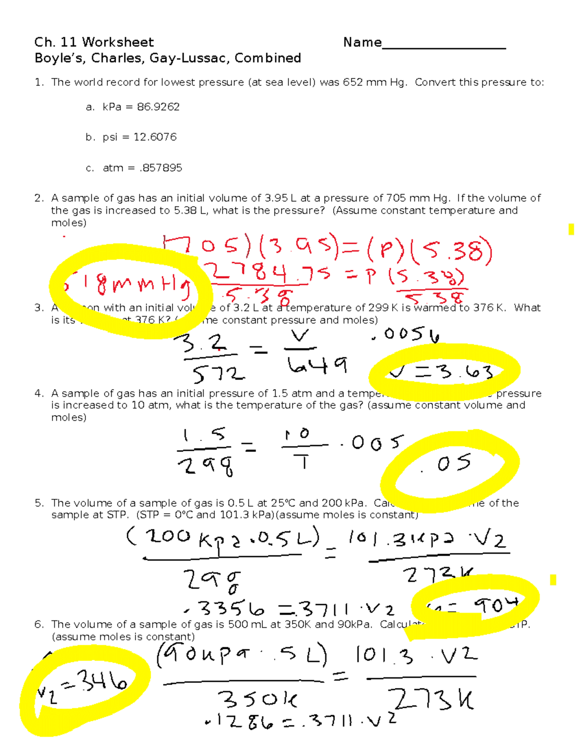 Gas Laws problems - chem - Ch. 11 Worksheet Name ...