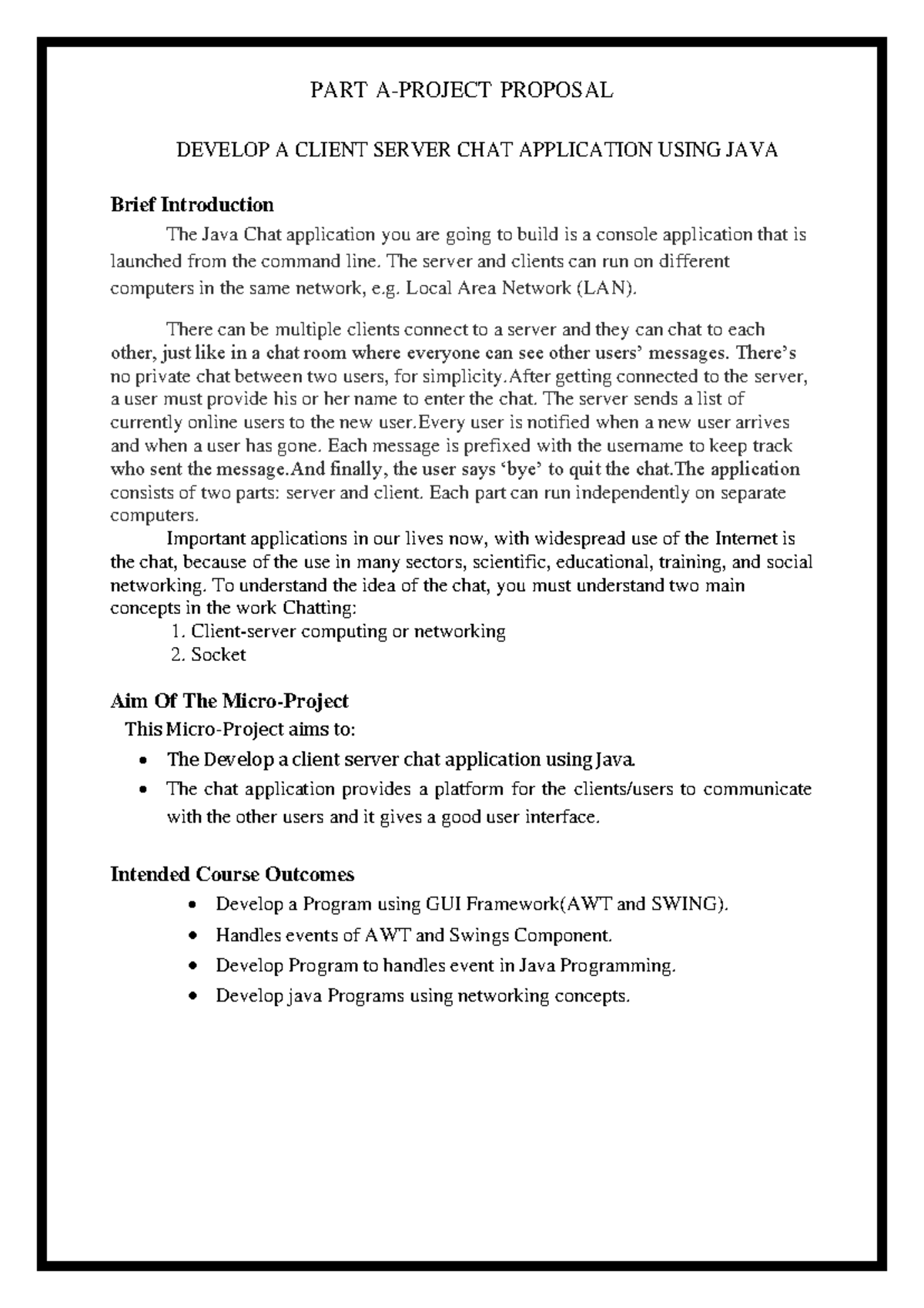 Ajp micro - PART A-PROJECT PROPOSAL DEVELOP A CLIENT SERVER CHAT APPLICATION USING JAVA Brief ...