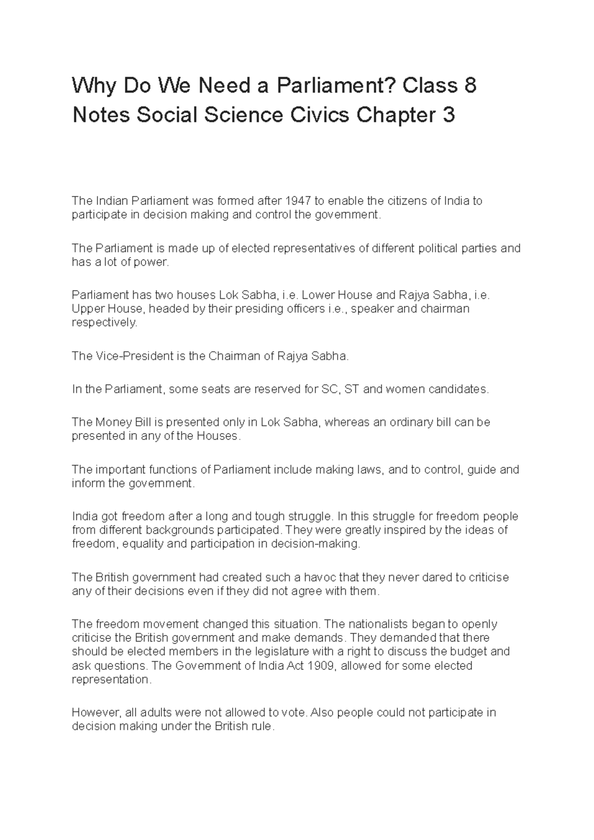 History Chapter Tribal Dikus - Why Do We Need a Parliament? Class 8 ...