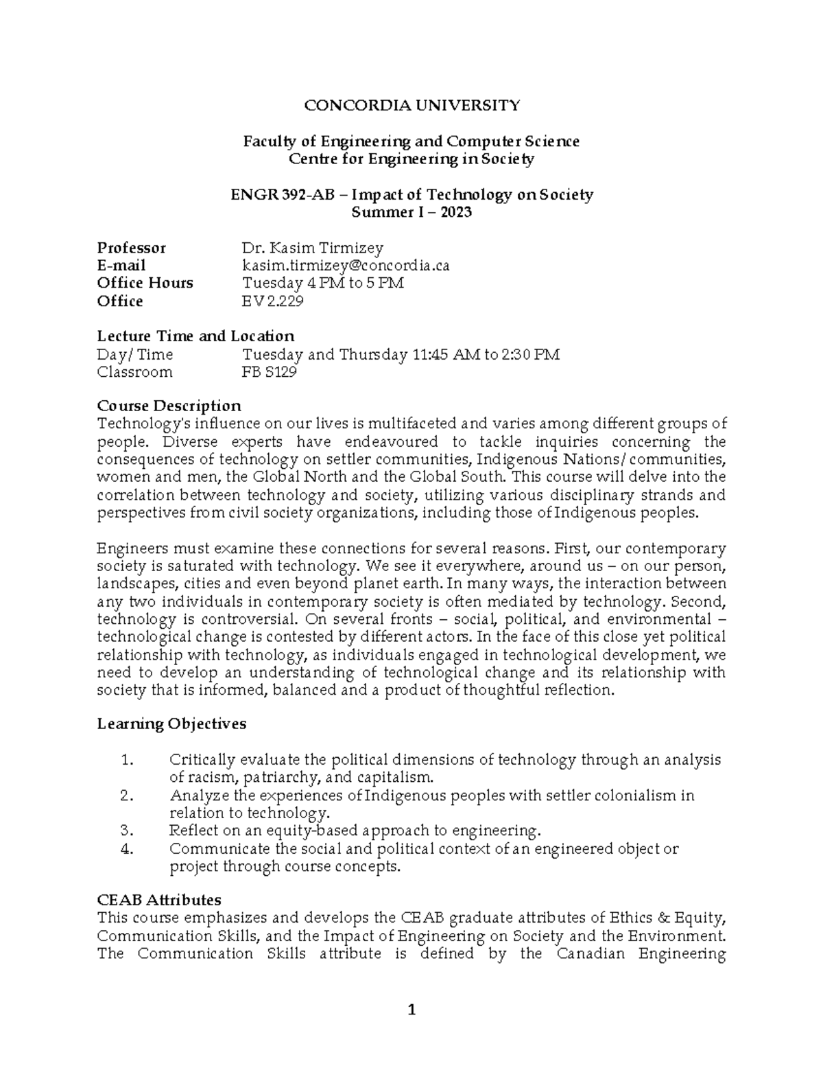 ENGR392AB-Summer 2023 - CONCORDIA UNIVERSITY Faculty of Engineering and ...