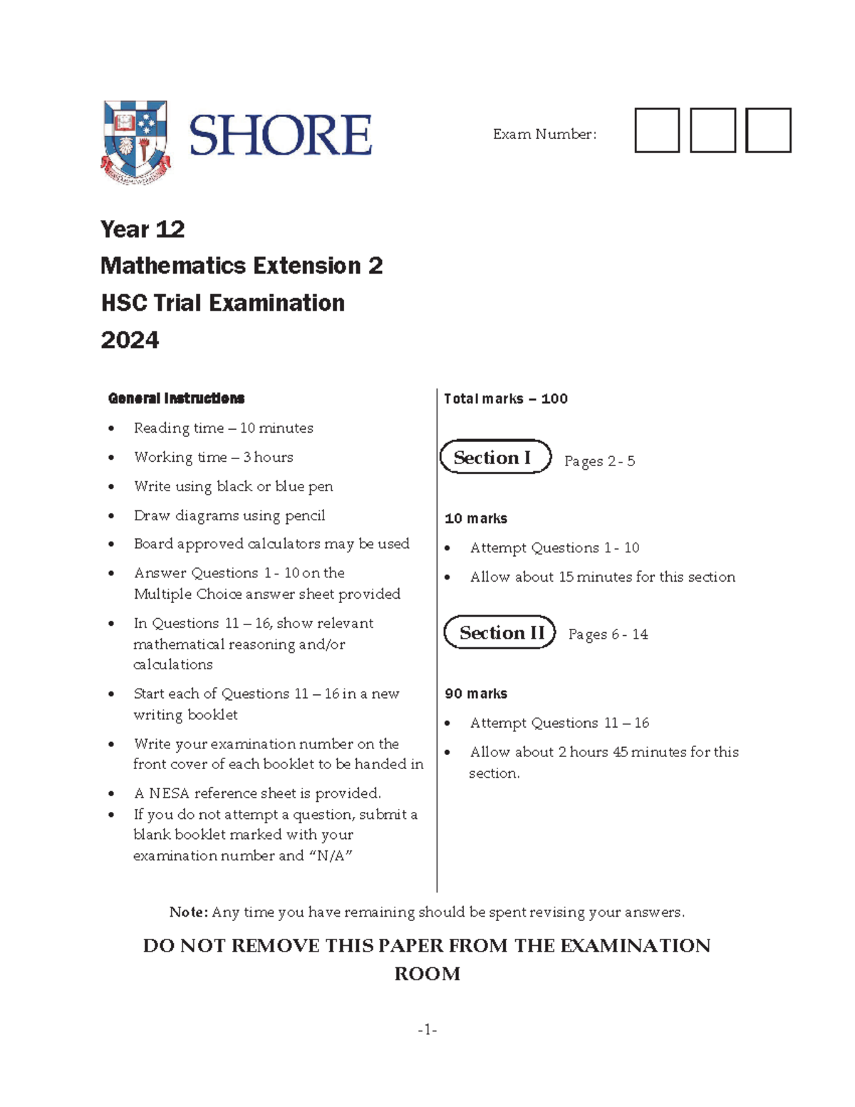 Shore 2024 Trial - ####### -1- Year 12 Mathematics Extension 2 HSC ...