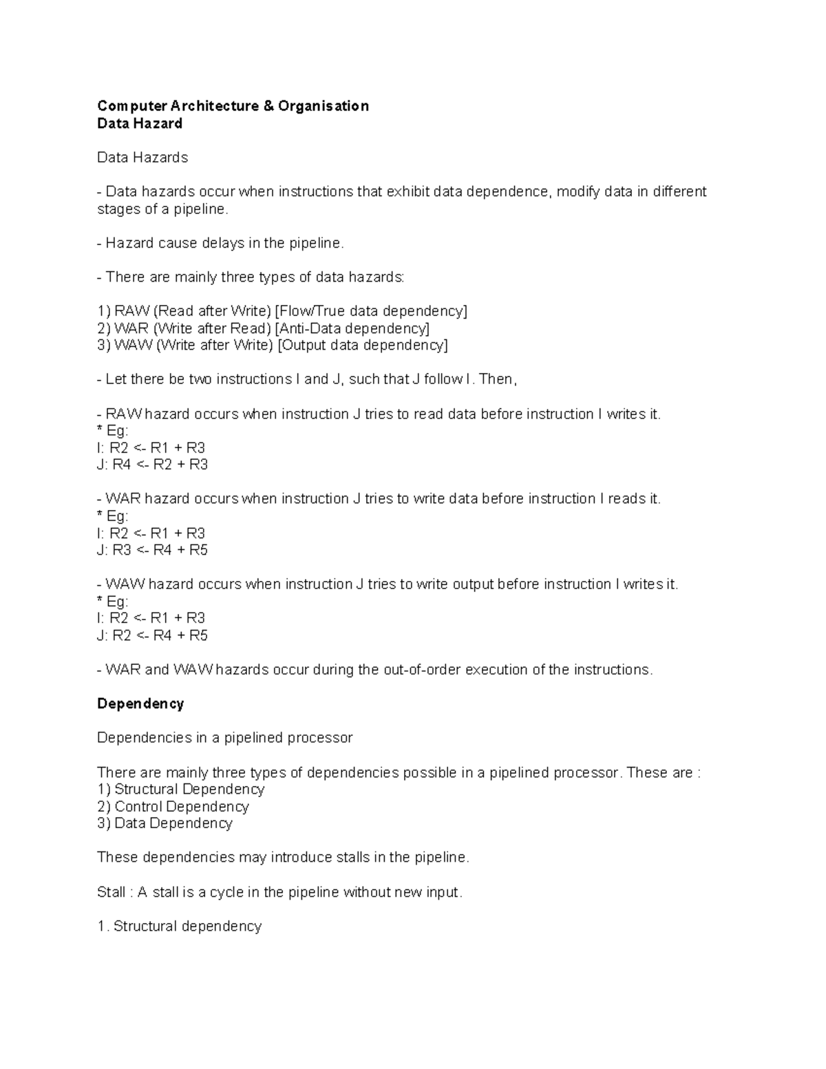 COA - Revision notes - Computer Architecture & Organisation Data Hazard ...