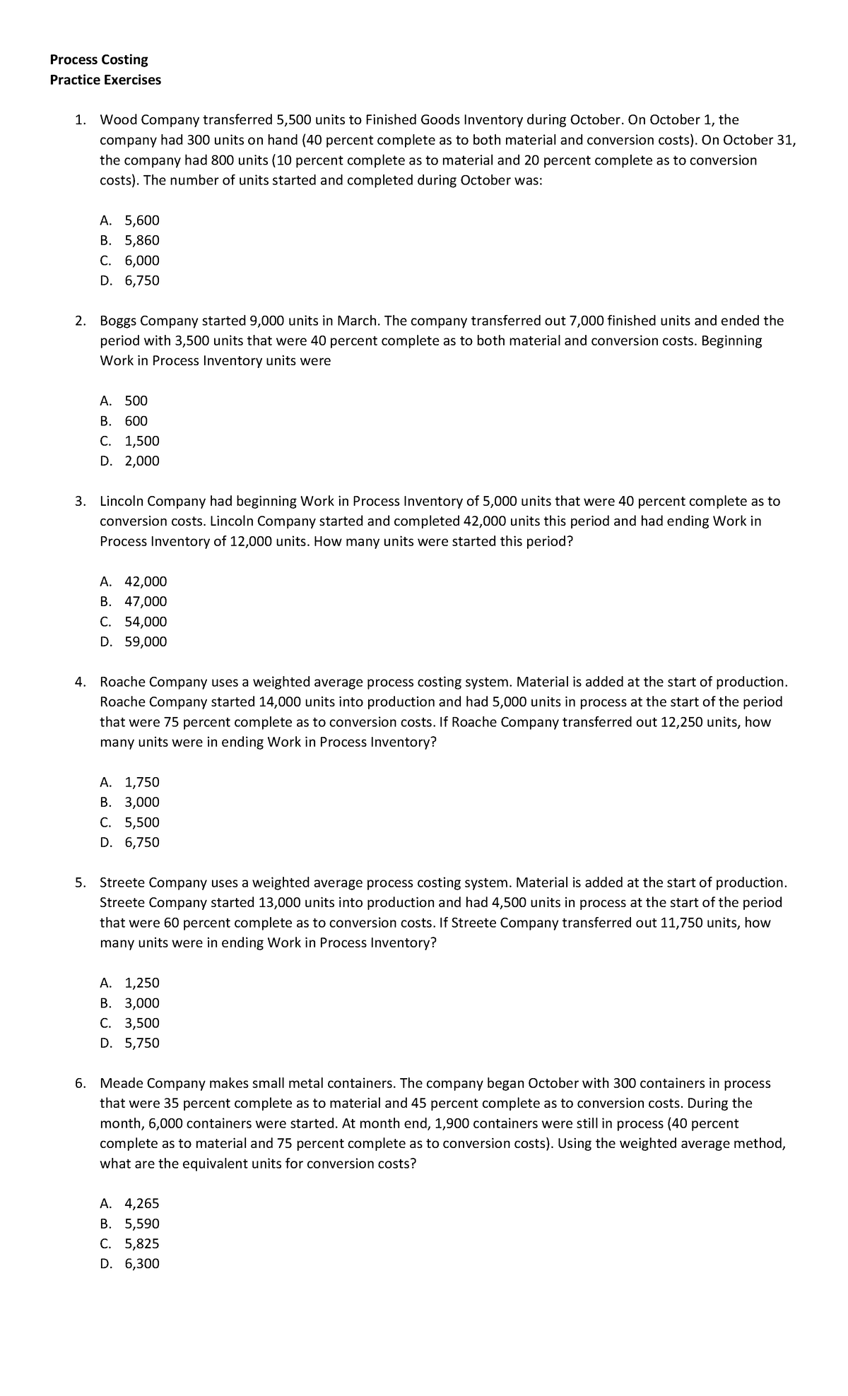 Process Costing Exercises - Process Costing Practice Exercises Wood ...